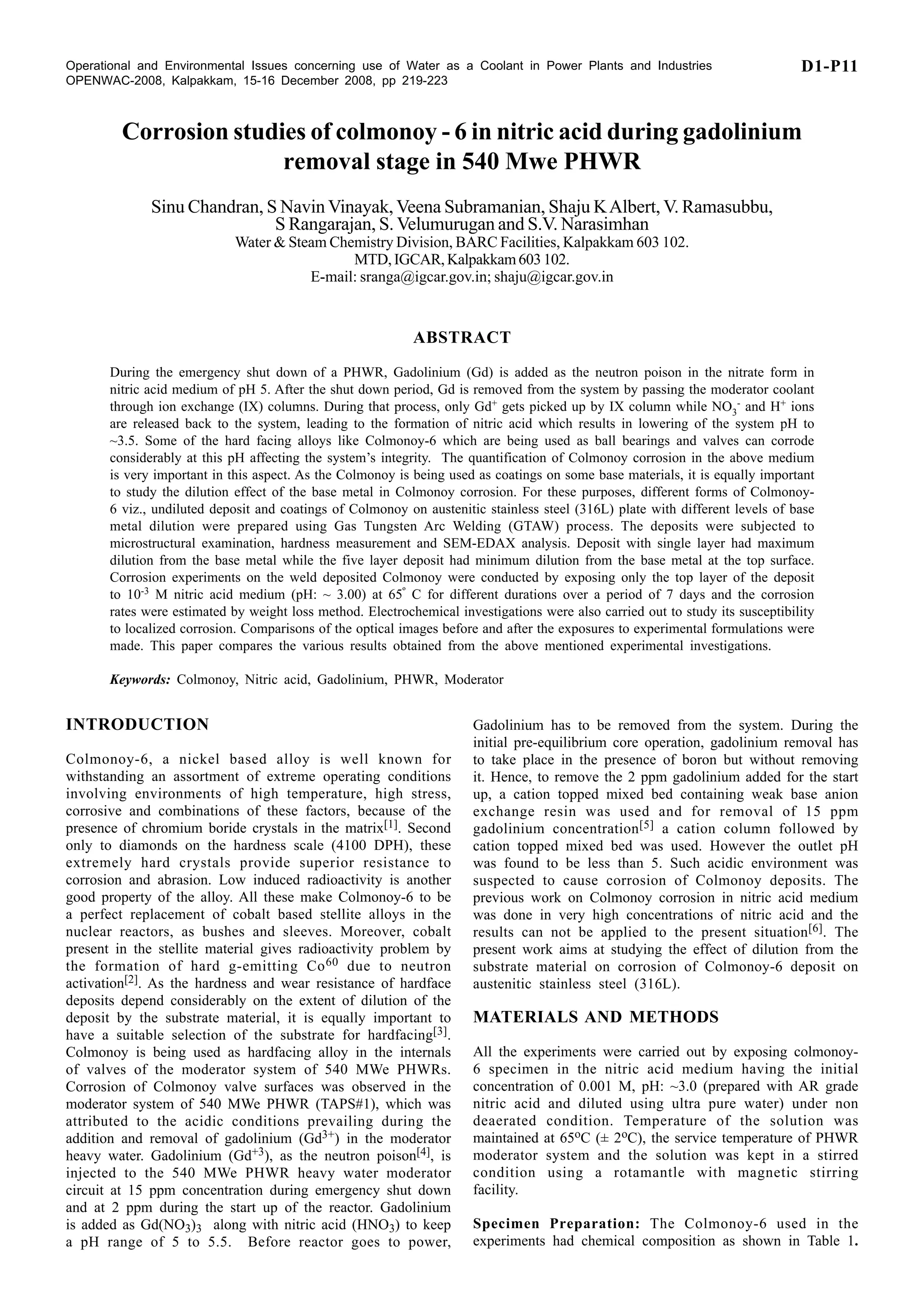 Corrosion studies of colmonoy - 6 in nitric acid during gadolinium ...