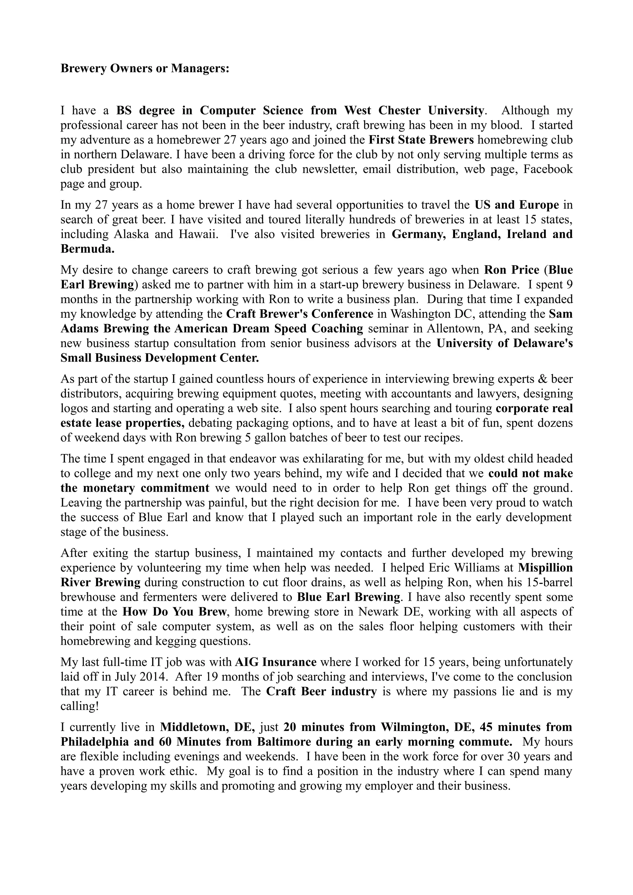 Craft Brewing Cover Letter -Generic | PDF