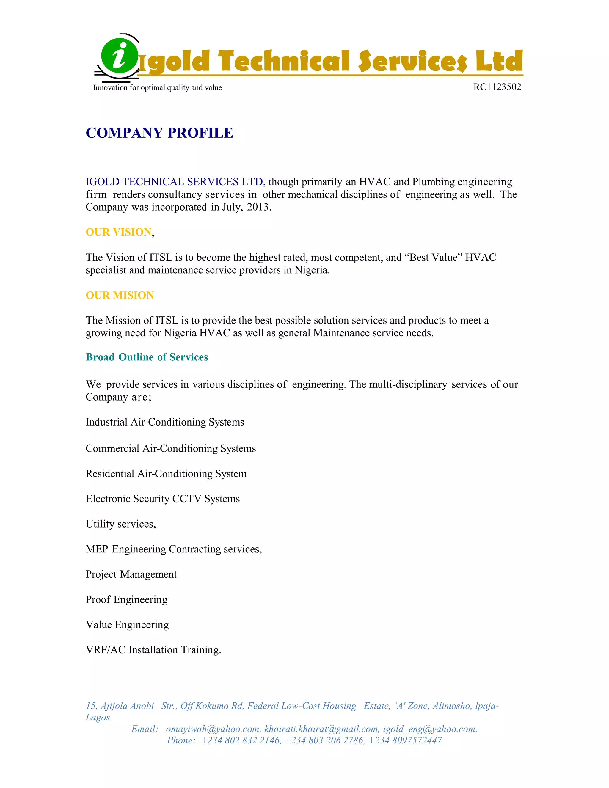 IGOLD TECHNICAL SERVICES LTD PROFILE 1 | PDF