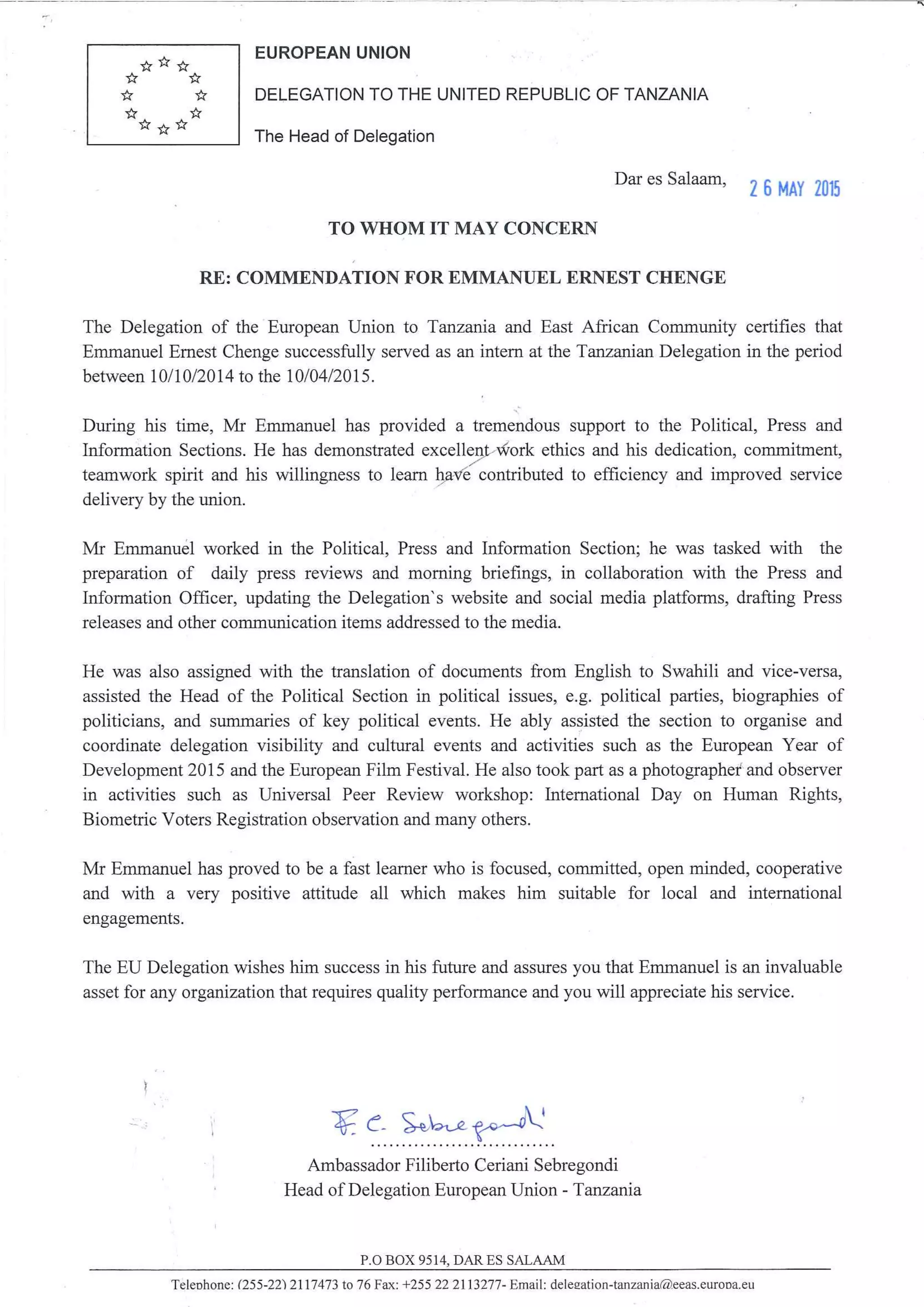 Emmanuel Chenge- Commendation letter | PDF