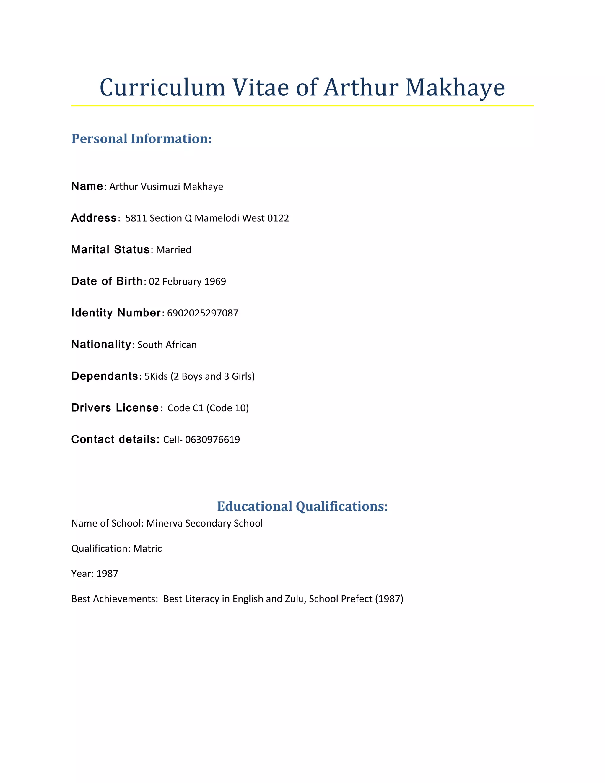 Arthur Makhaye CV (Autosaved) | DOC