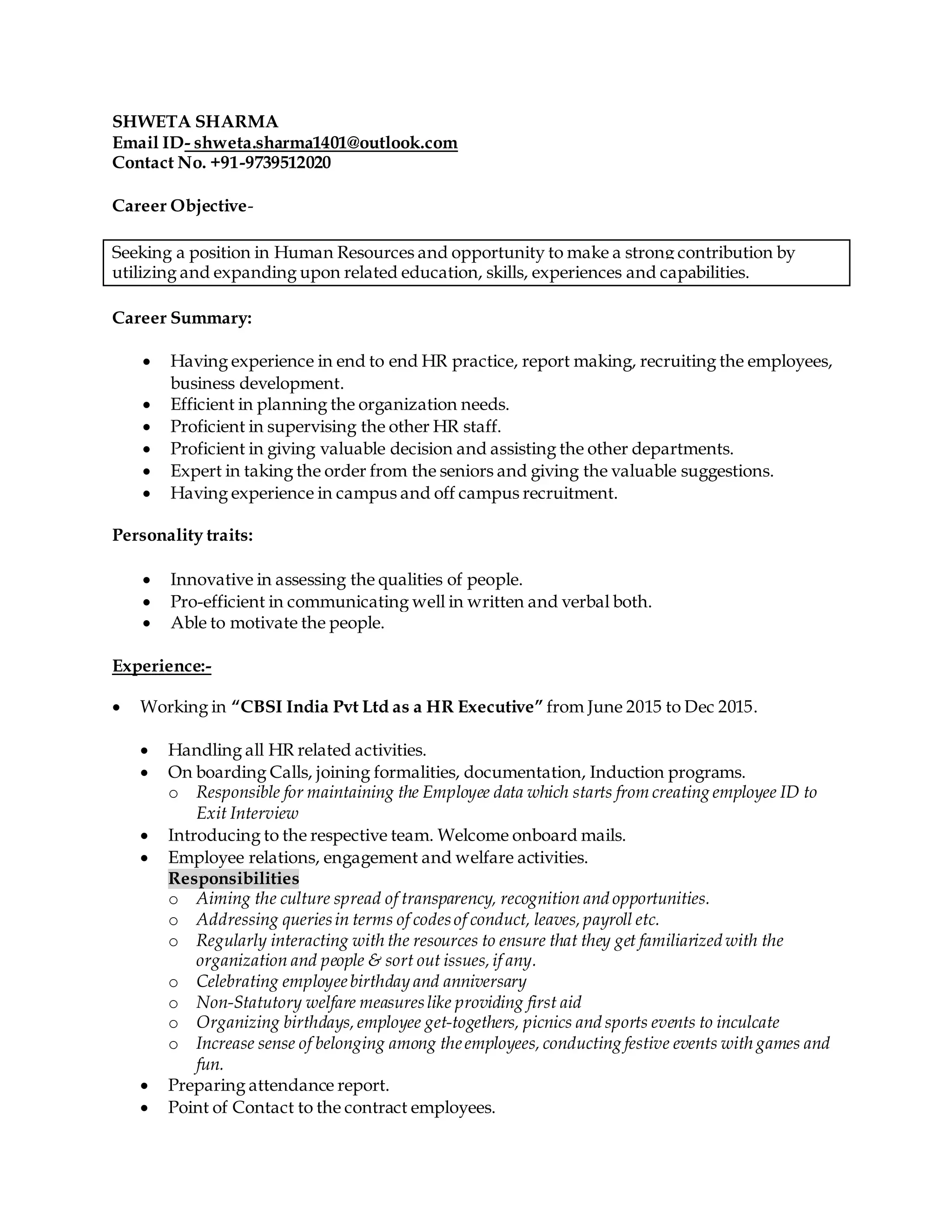 HR Shweta updated resume | DOCX