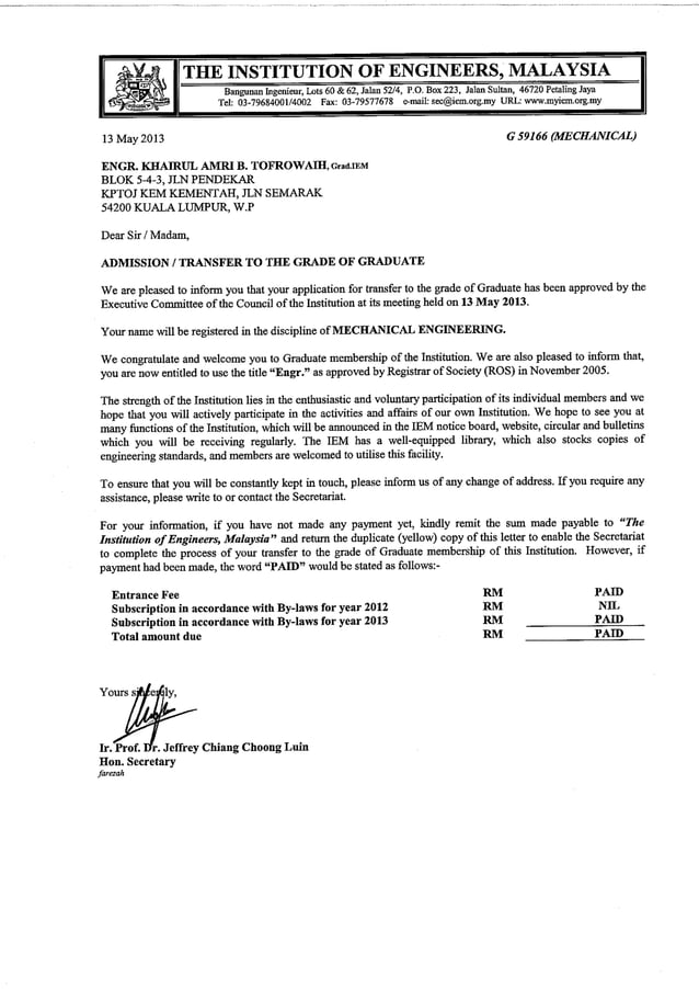 Approval letter of Graduate Member of IEM | PDF