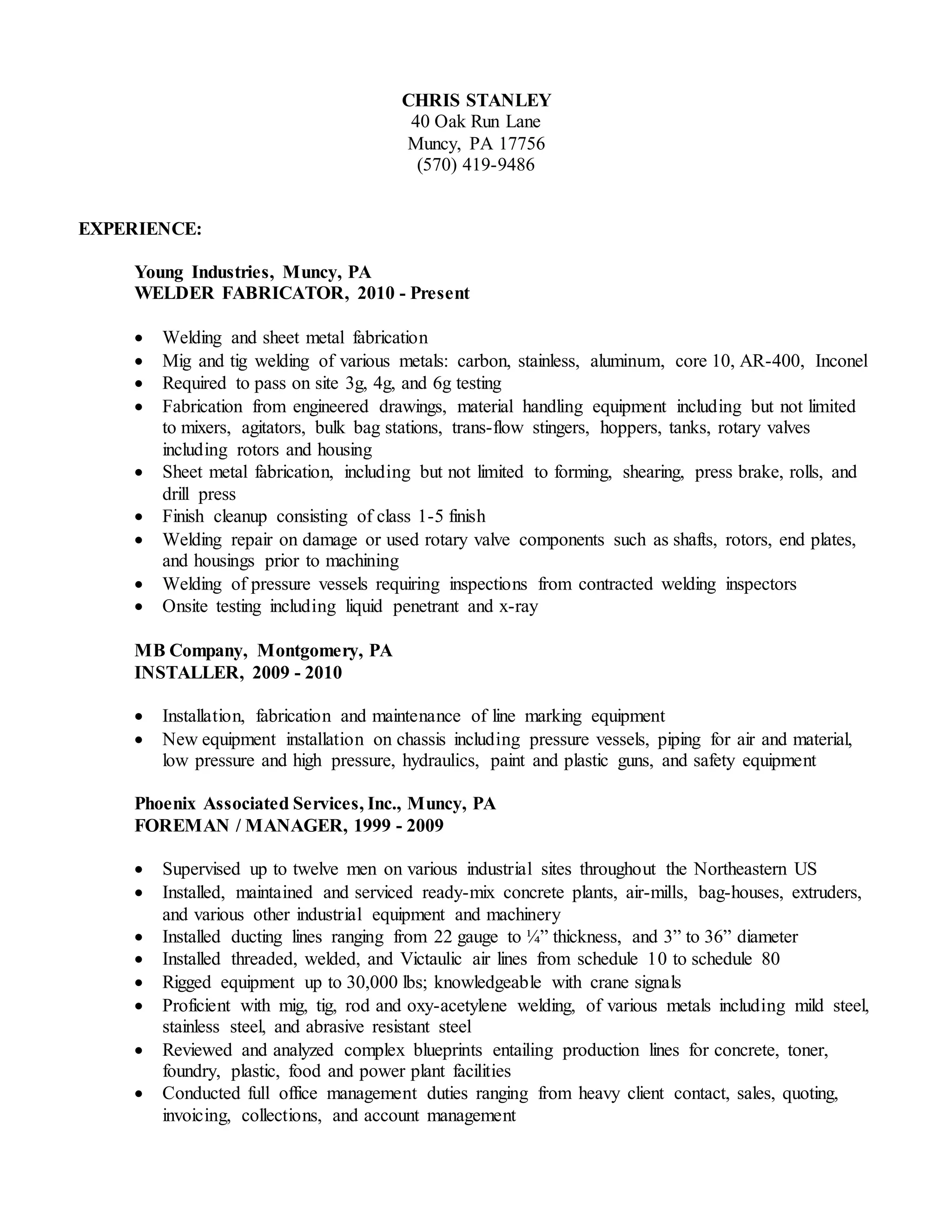 CHRIS STANLEY Resume | DOCX | Commercial Trucks | Auto Body Styles