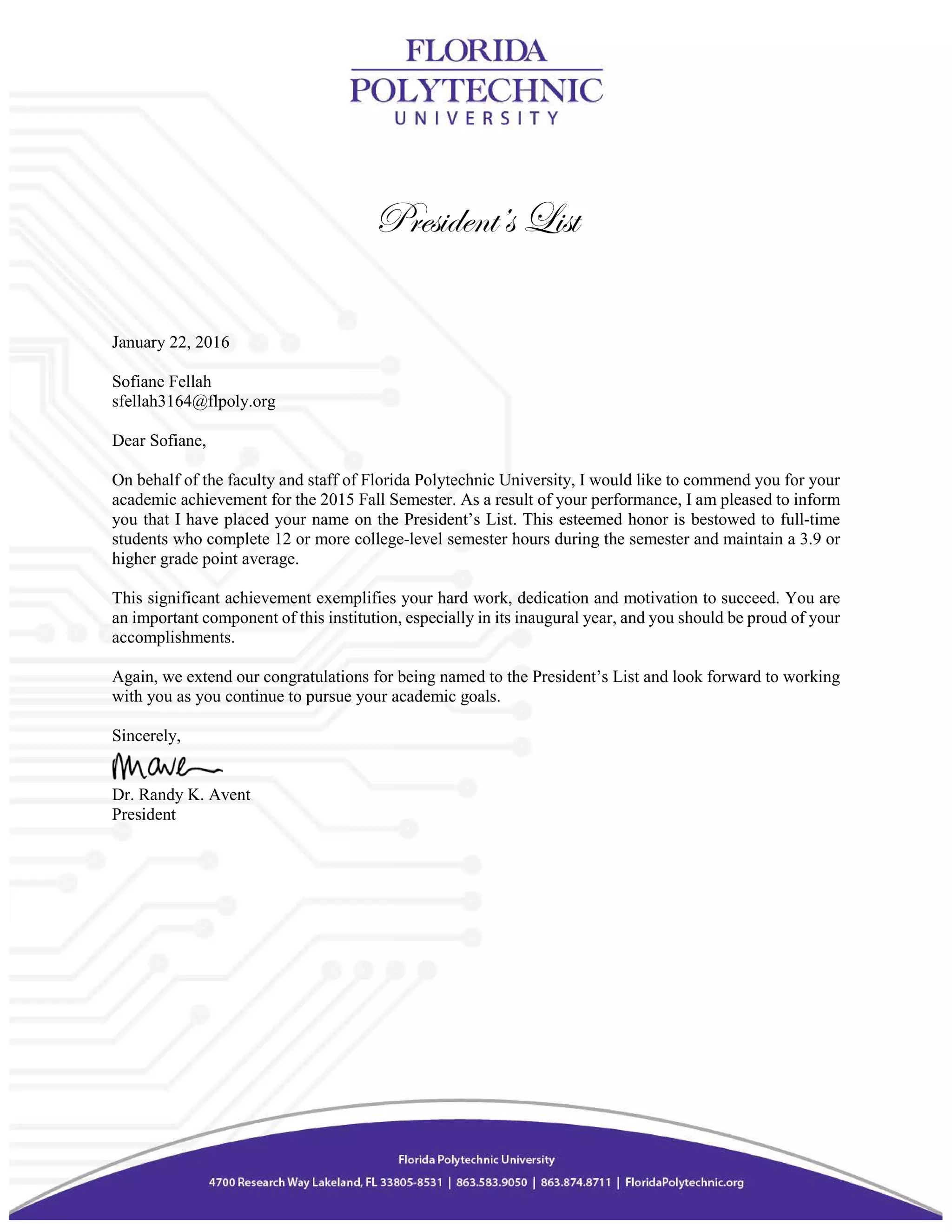 President's List Award for 2015 Fall Semester | PDF