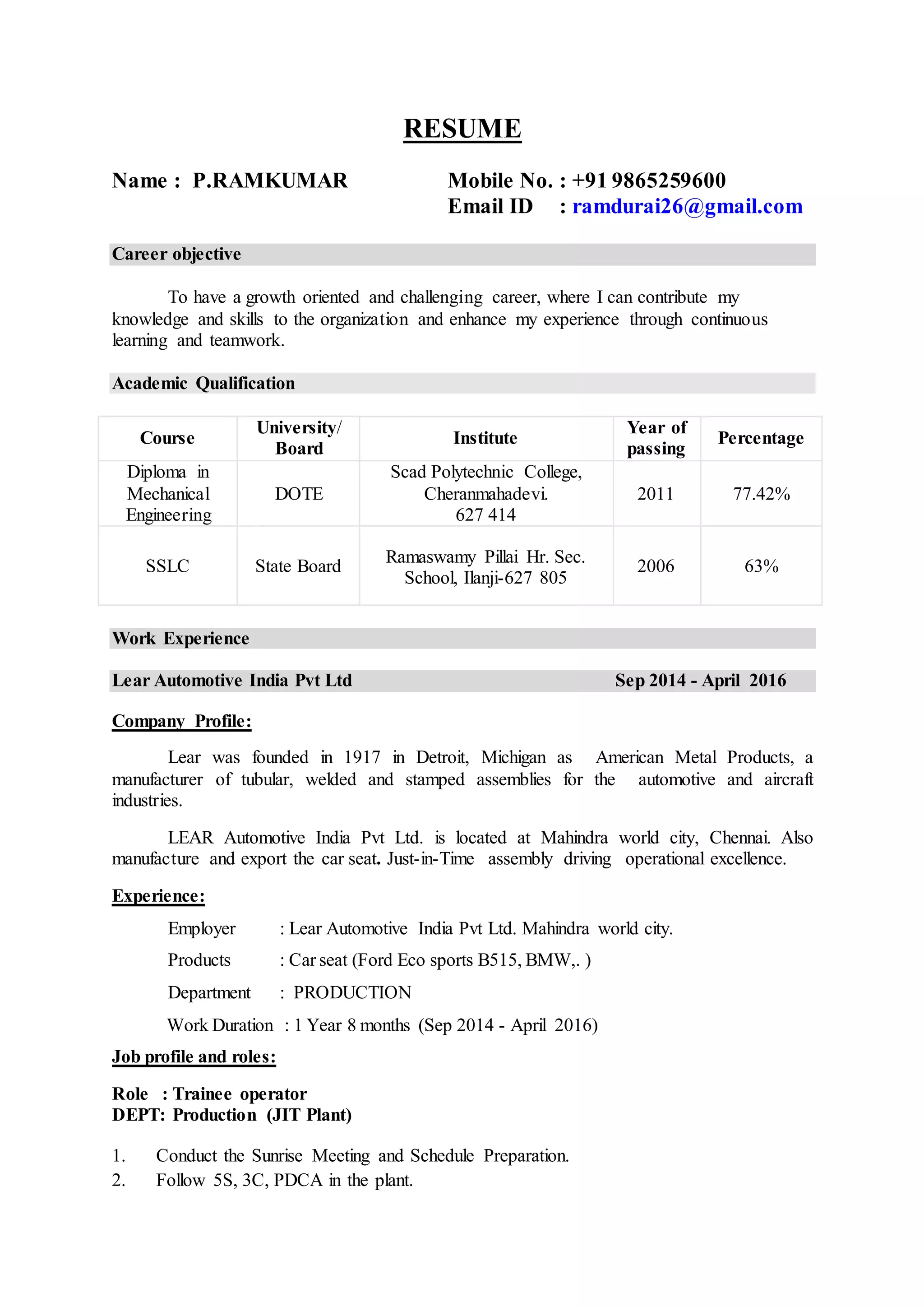 RAMKUMAR Resume LEAR TVS | DOCX | Automotive Industry | Industries