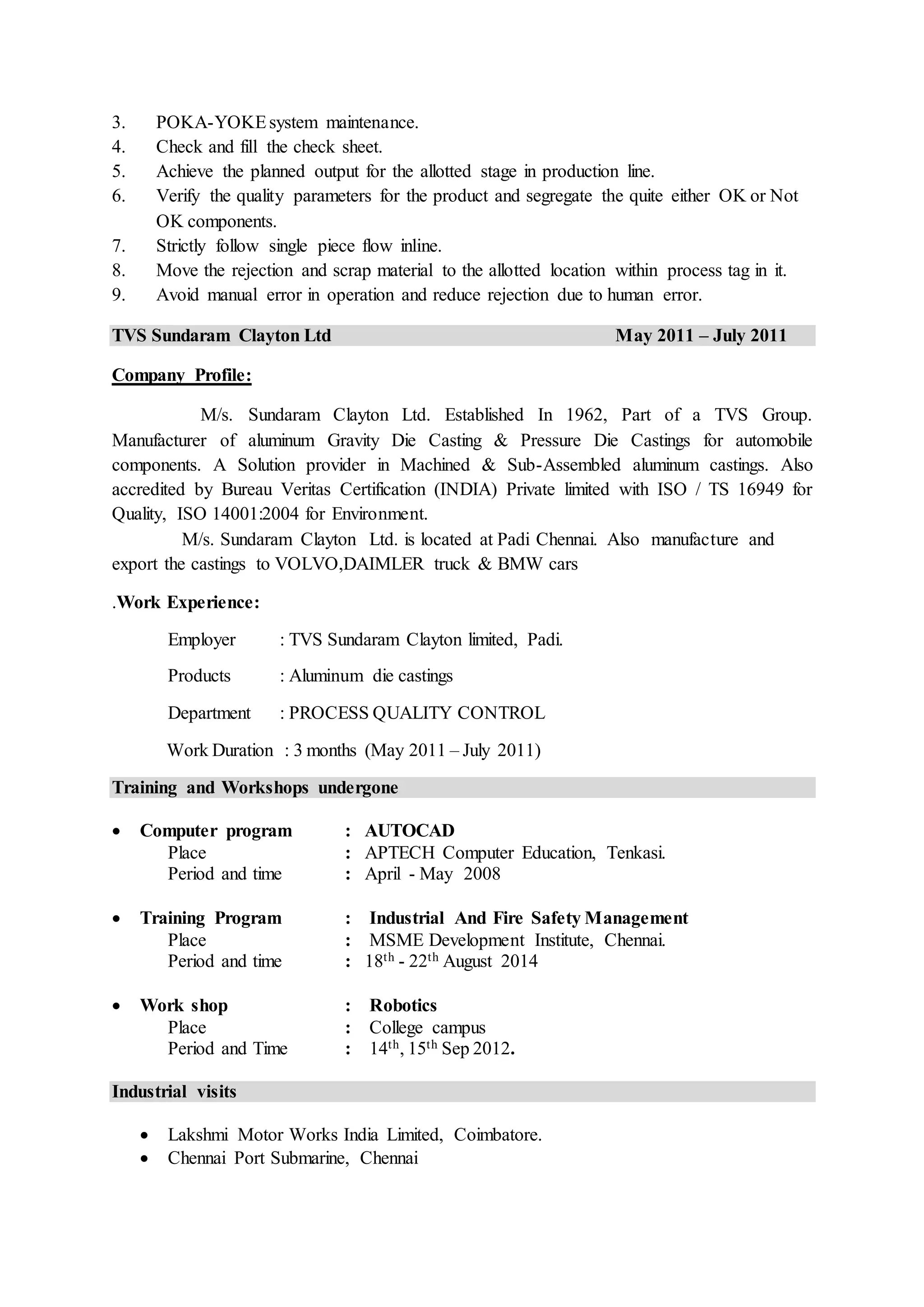 RAMKUMAR Resume LEAR TVS | DOCX | Automotive Industry | Industries