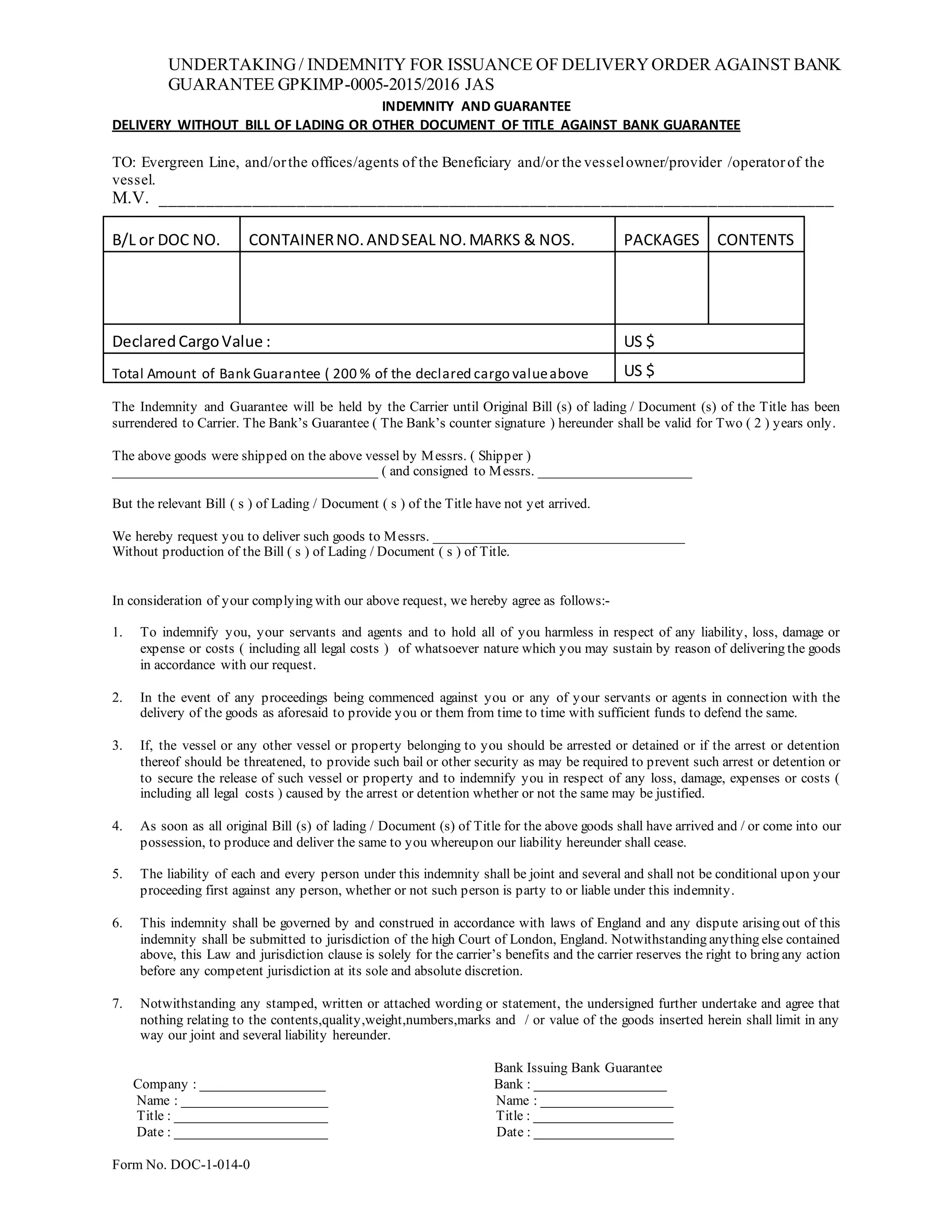 5... UNDERTAKING INDEMNITY FOR ISSUANCE OF DELIVERY ORDER AGAINST BANK ...