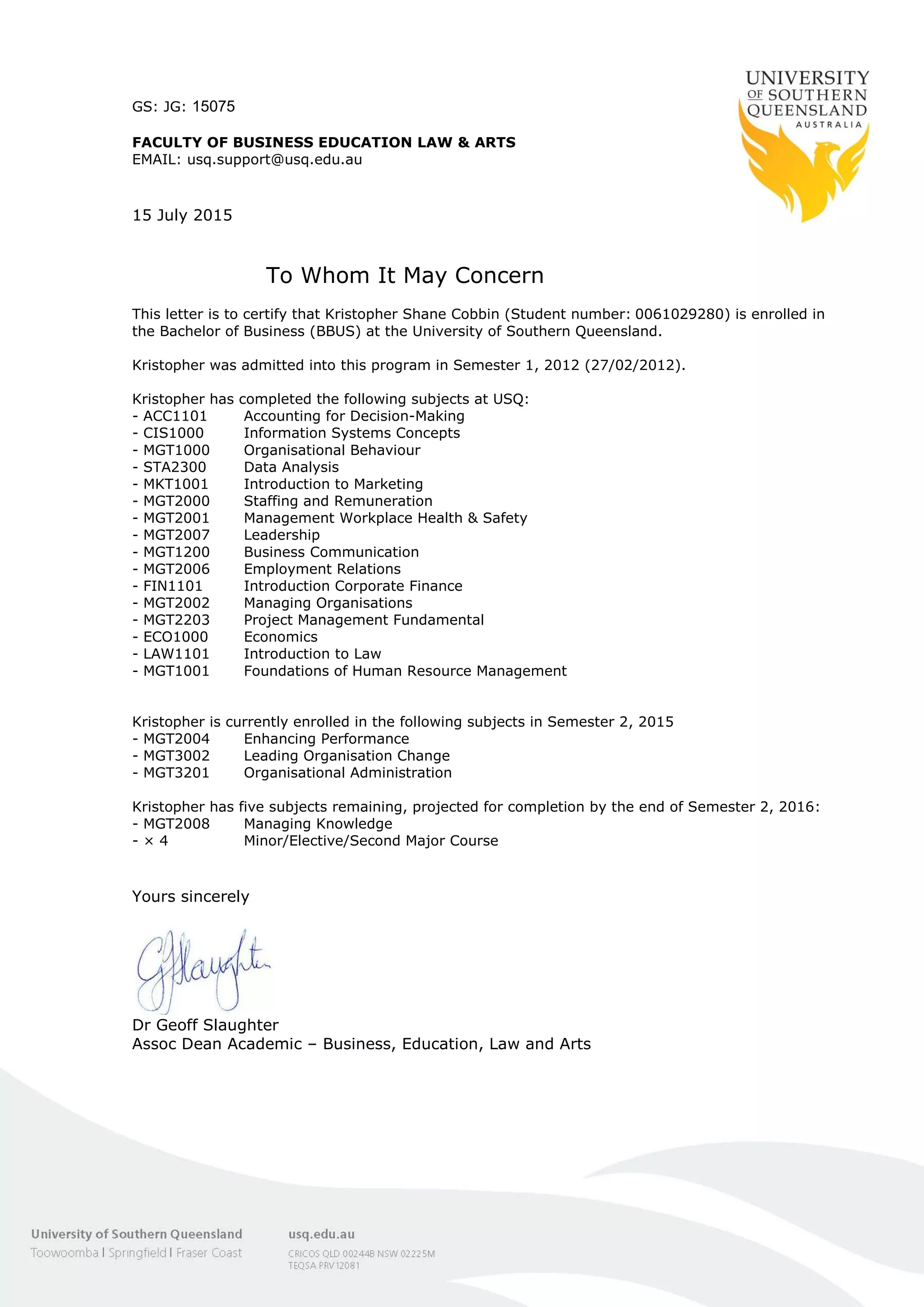 Kristopher Cobbin Progression Letter 15075 | PDF