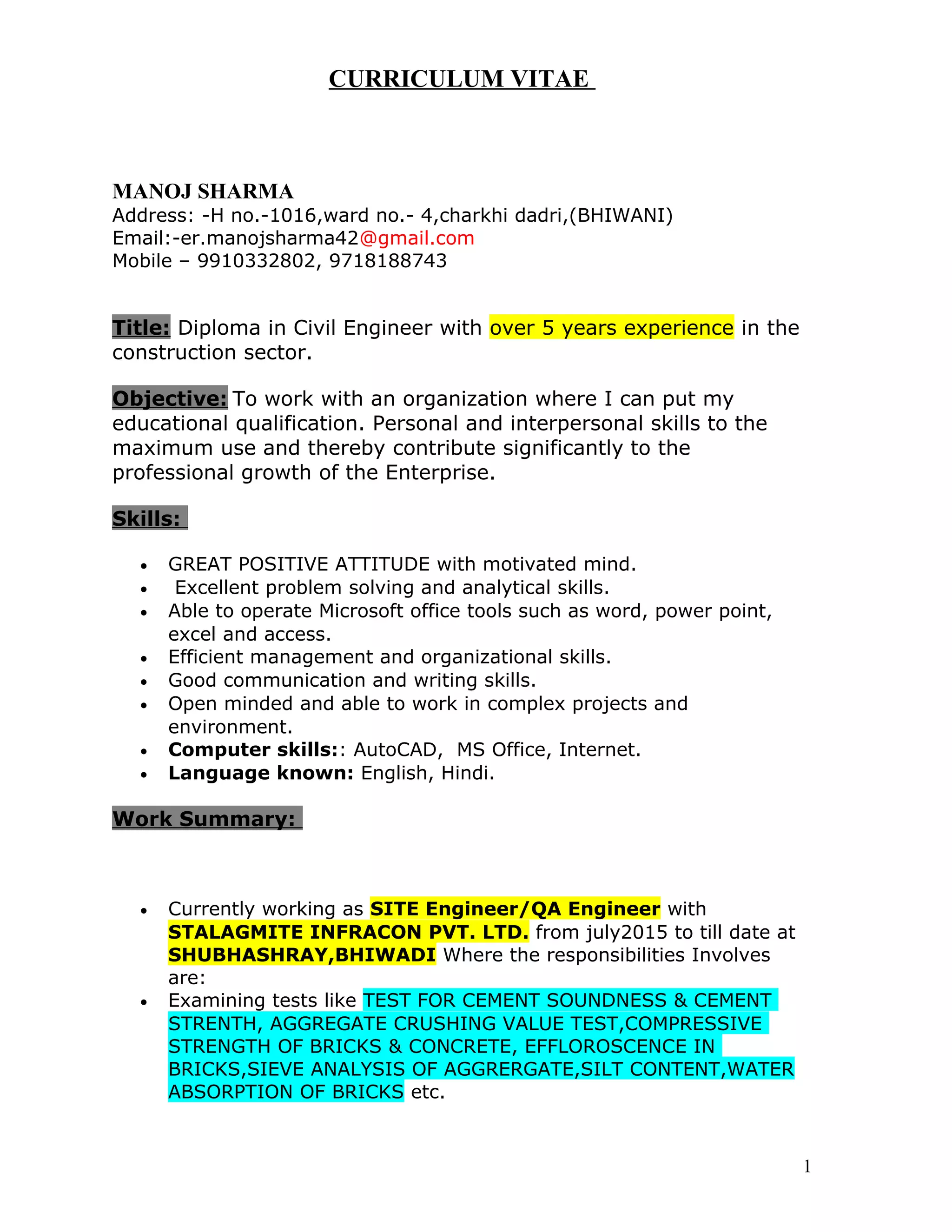 MANOJ -THE RESUME | DOC