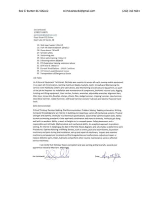 Nicholas Rose resume for Millwright apprentiship employment | DOCX