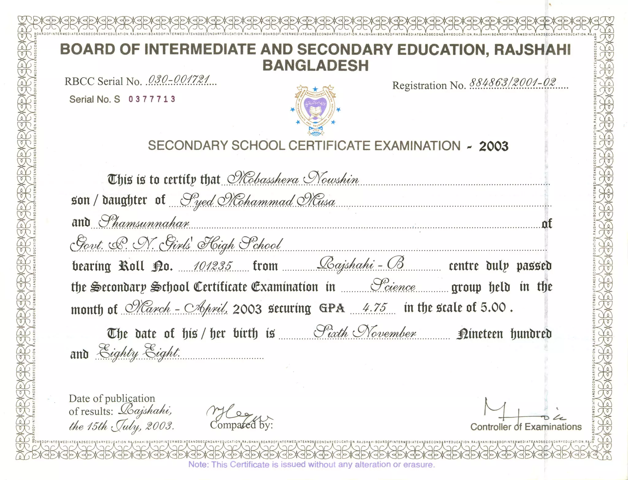 Secondary School Certificate and Transcript | PDF