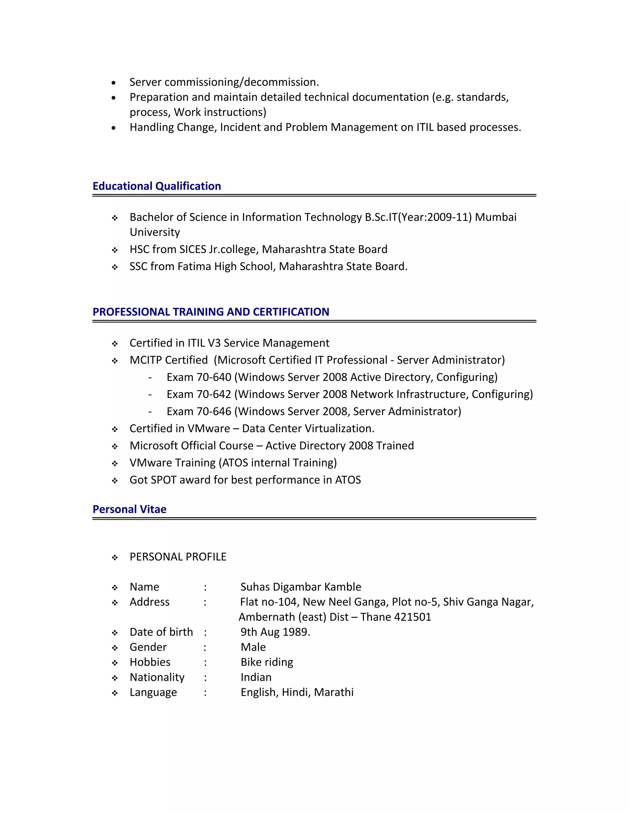 Suhas_Kamble_Resume | DOC | Operating Systems | Computer Software and Applications