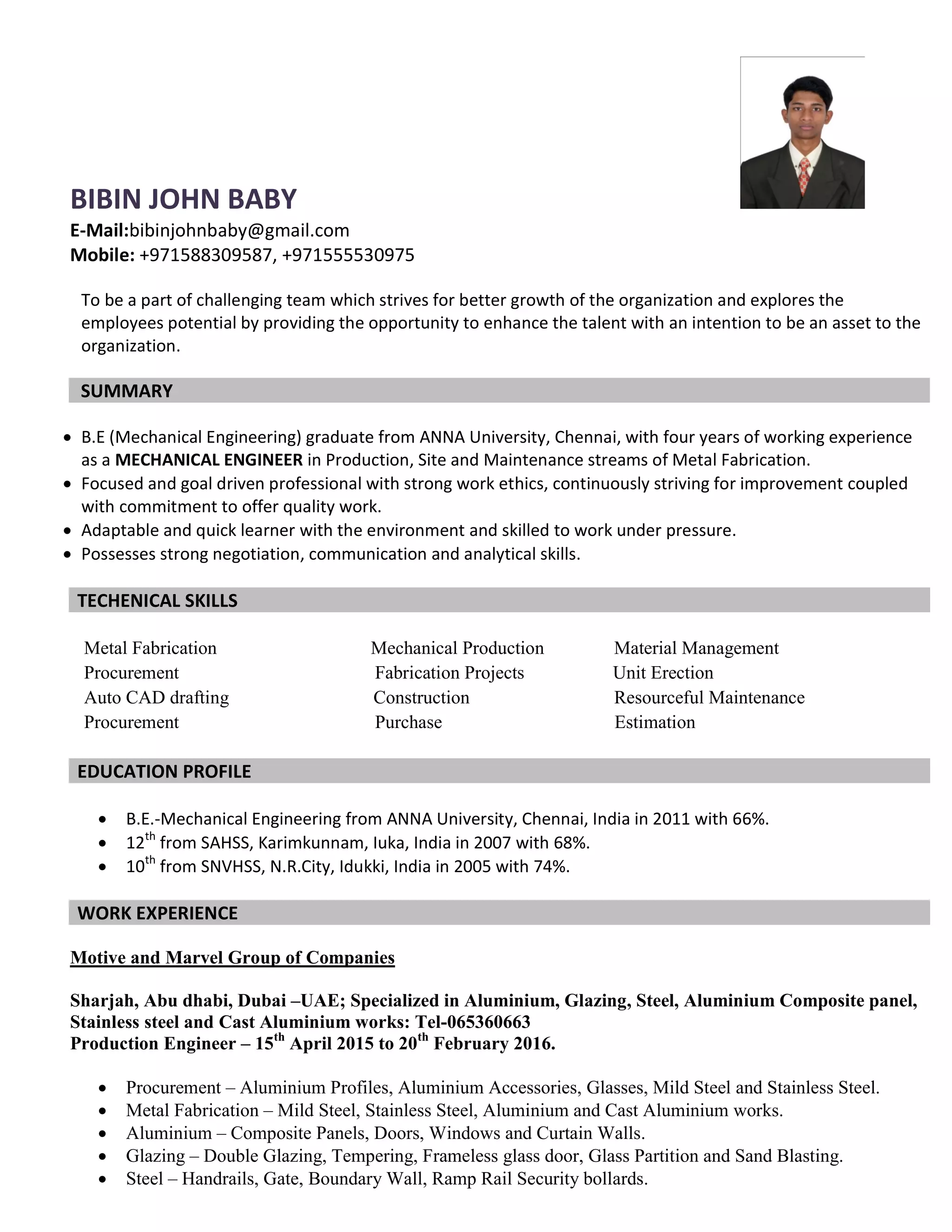 BIBIN JOHN BABY - RESUME | PDF | Civil Engineering Industry | Industries
