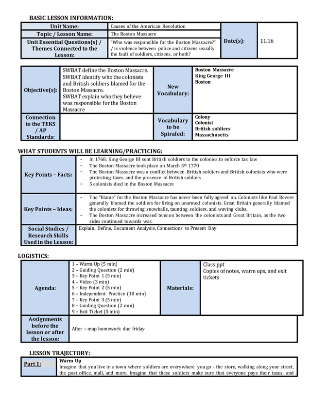 Lesson Plan Boston Masscre | PDF