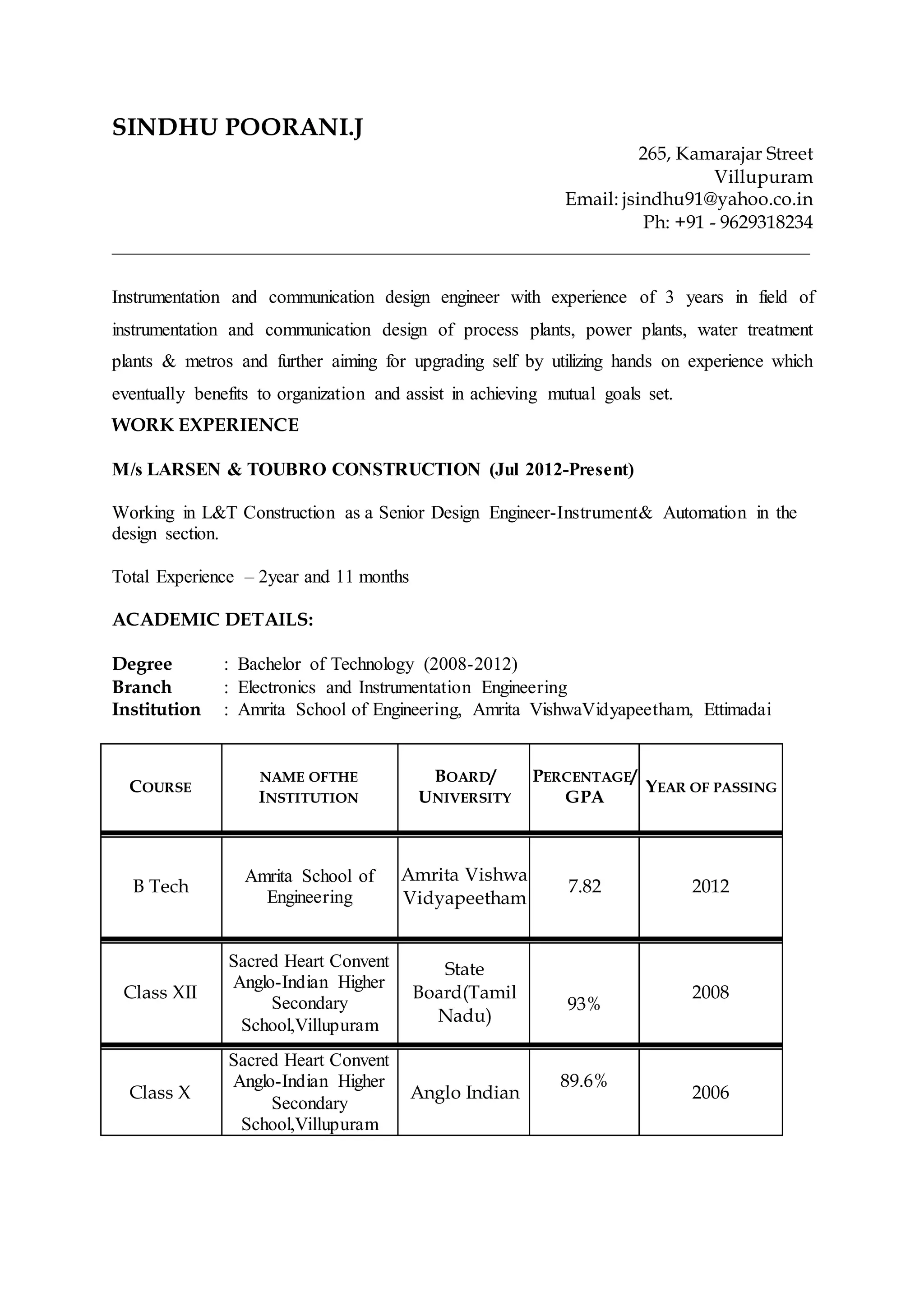 Sindhu Poorani Resume Pdf