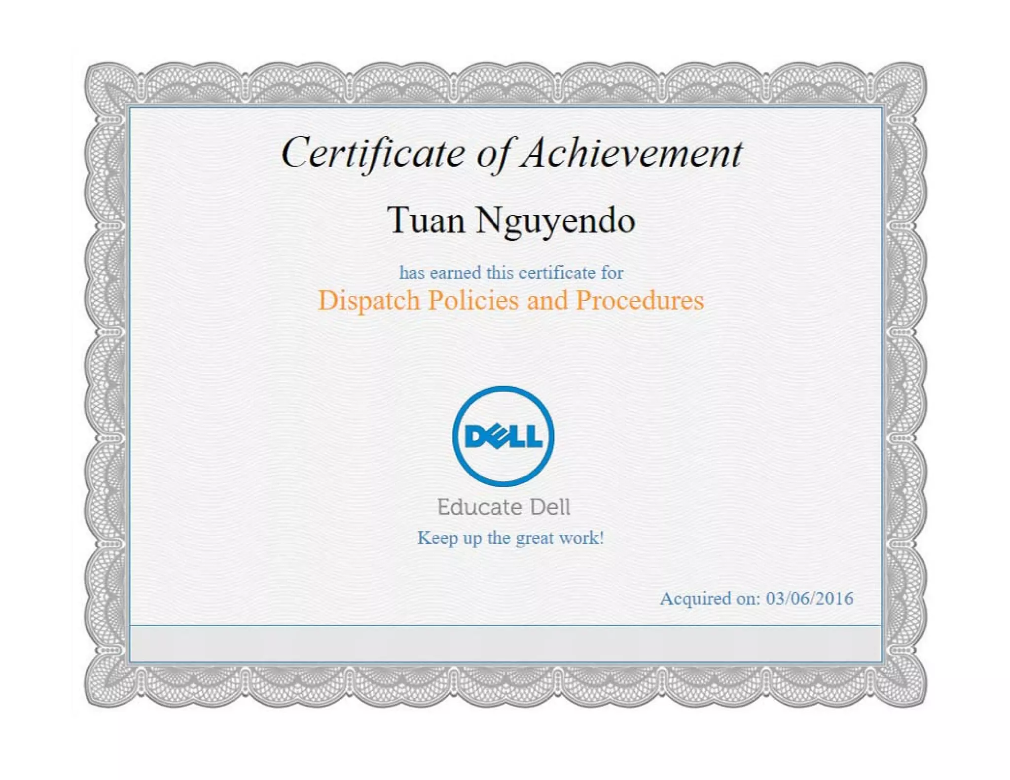 Dell Certification for Dispatch Policies and Procedures - Tuan Nguyendo | PDF