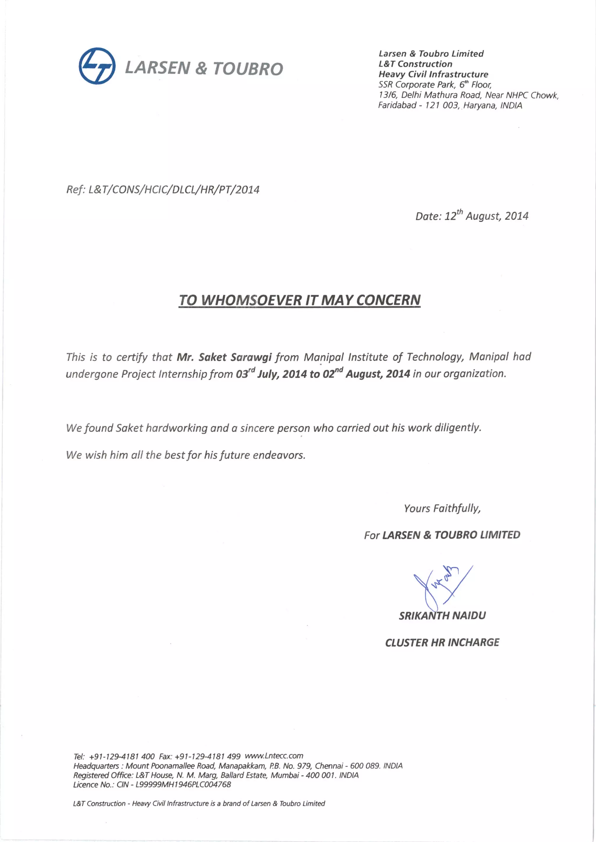 L&T Certificate | PDF