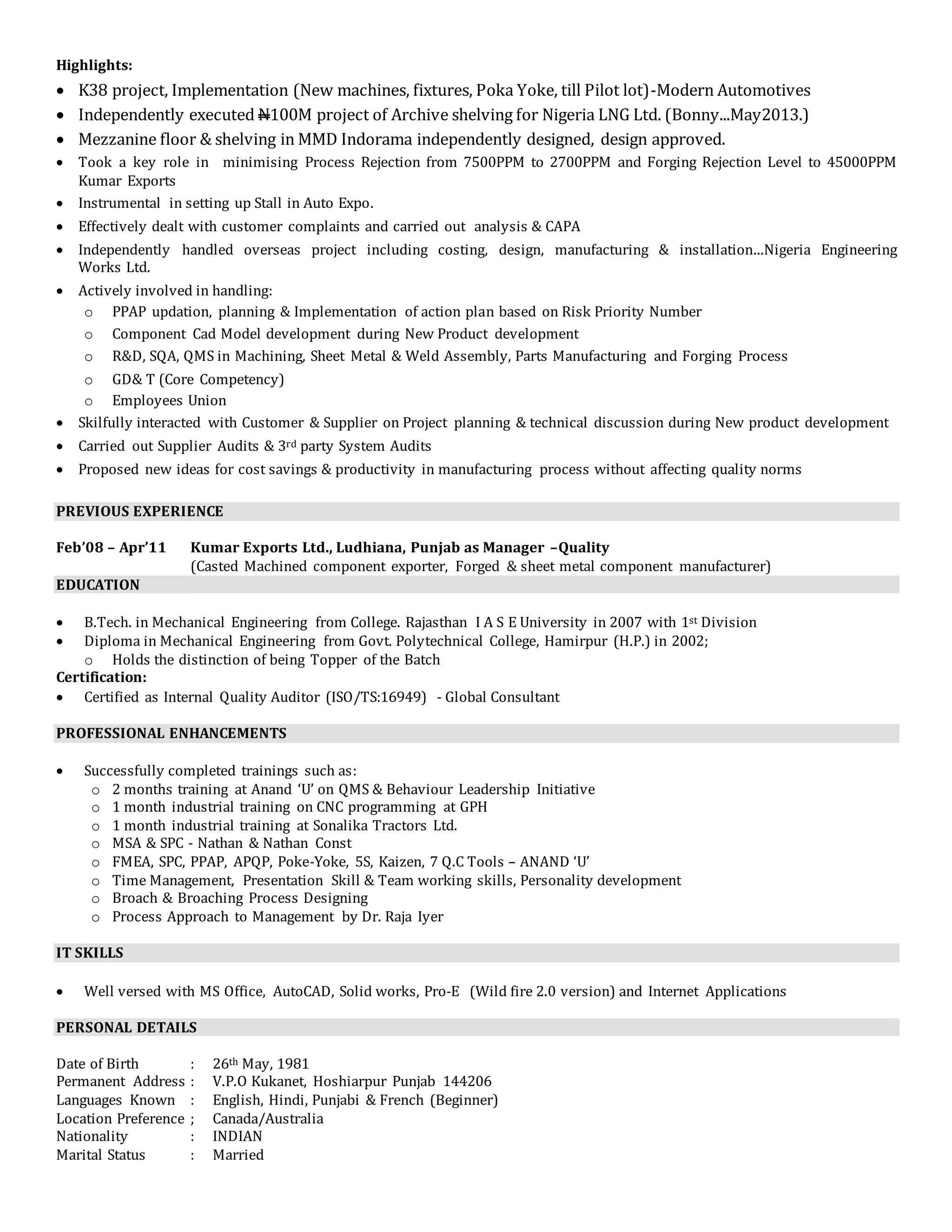 CV Japeesh CANADA-2 | DOCX | Manufacturing Industry | Industries