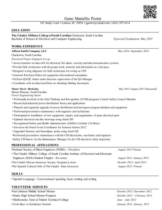 Geno Porter's Resume- Citadel EE Senior Graduating in May 2015 | PDF