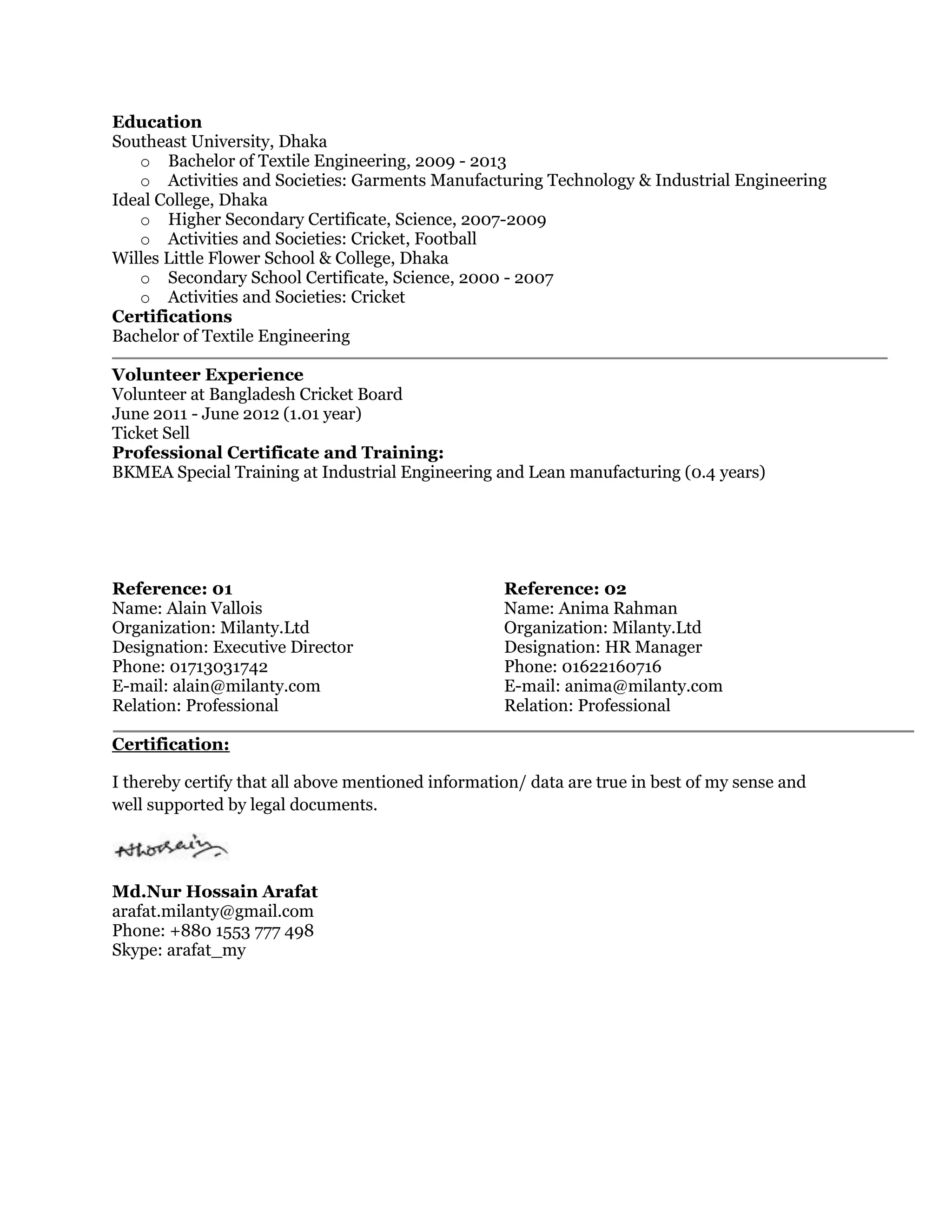 CV OF Arafat | PDF | Manufacturing Industry | Industries