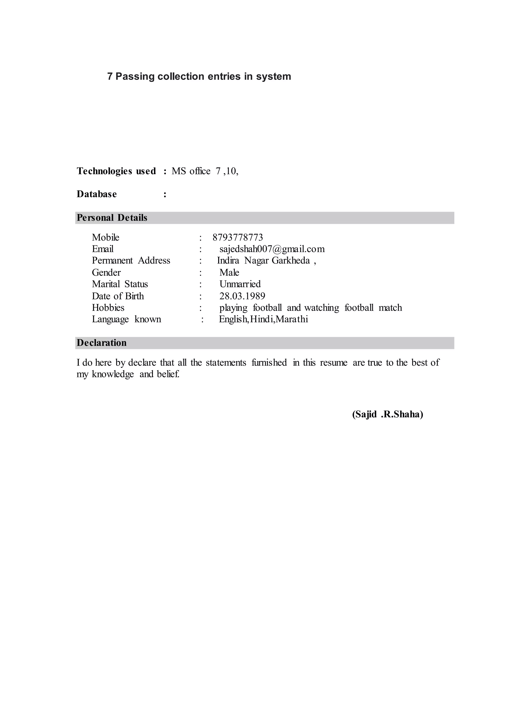 Reasume for SAP fresh | DOCX
