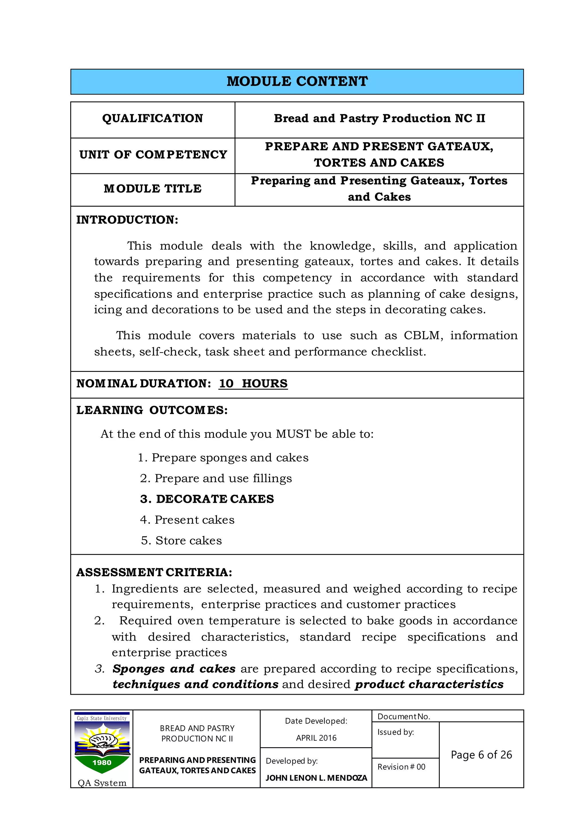 Competency Based Learning Materials - Bread and pastry production NC II | DOCX