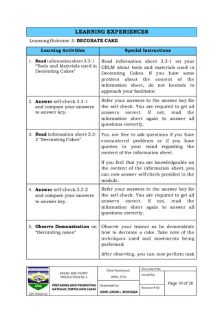 Competency Based Learning Materials - Bread and pastry production NC II | DOCX