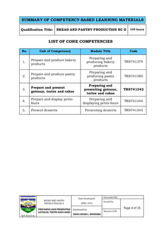 Competency Based Learning Materials - Bread and pastry production NC II | DOCX