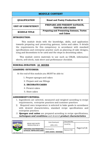 Competency Based Learning Materials - Bread and pastry production NC II | DOCX