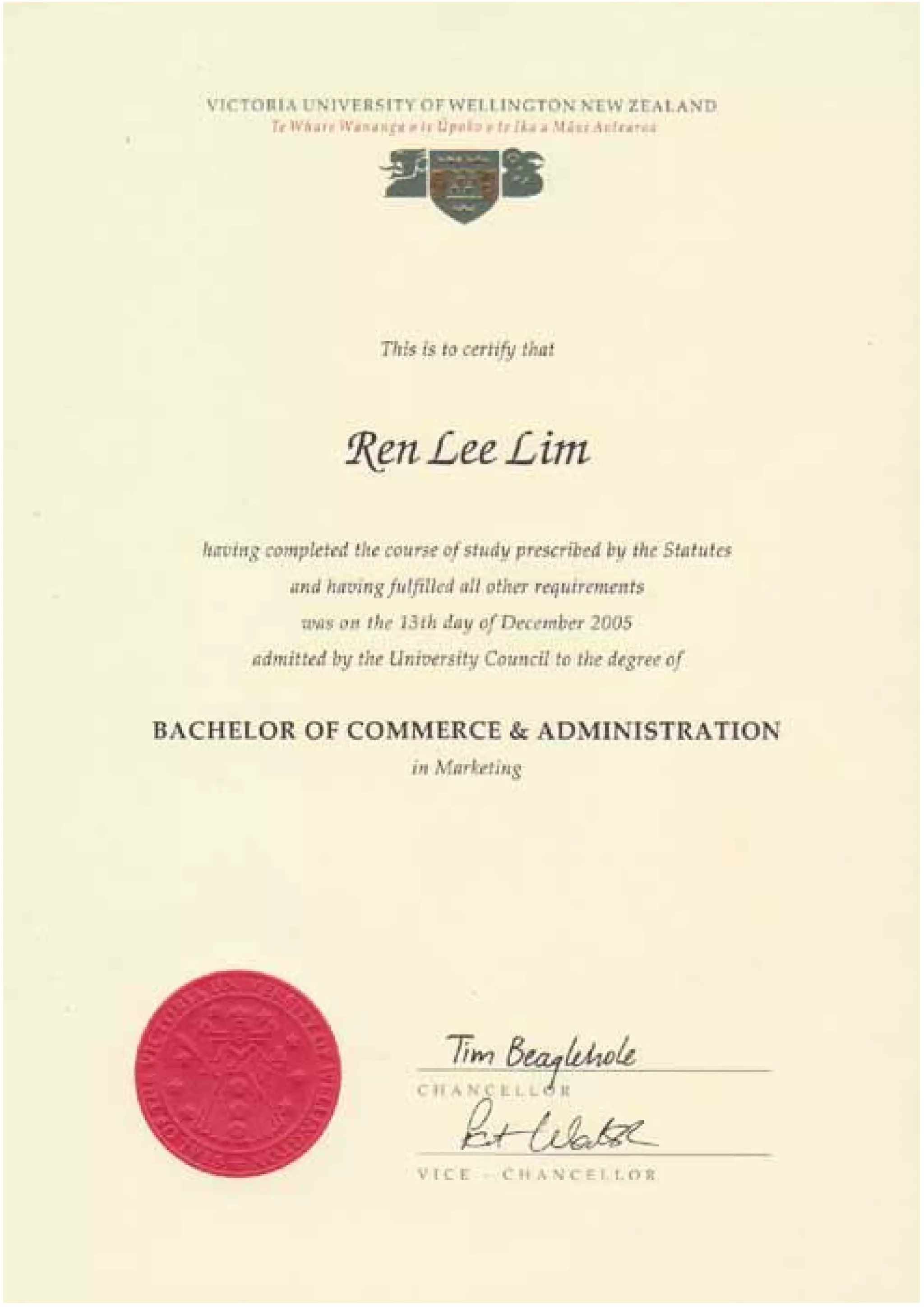 Rei Lim Ren Lee_NZ degree, academic transcript etc | PDF