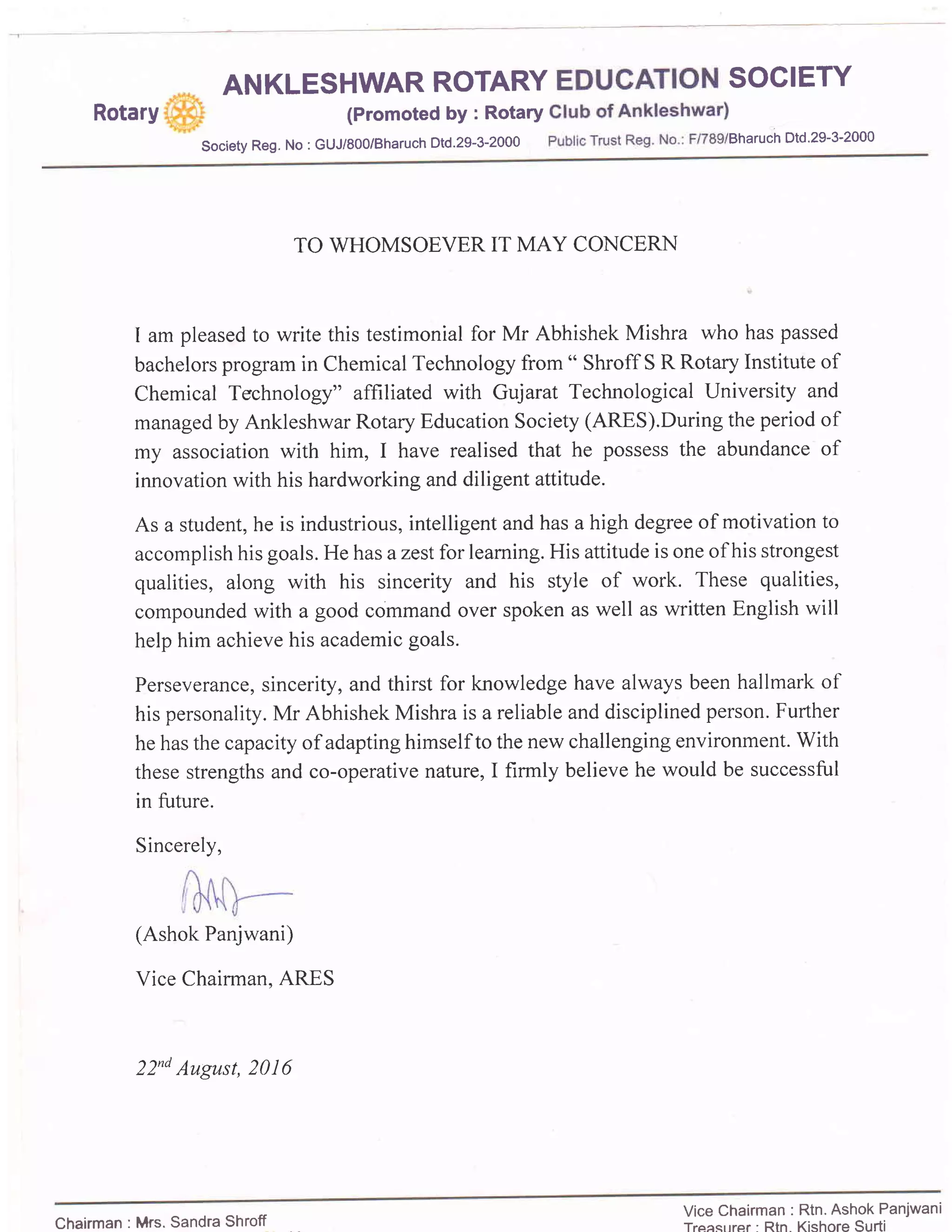 Recommendation letter , Abhishek Mishra, SRICT.PDF