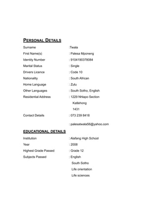 palesa twala_CURRICULUM VITAE(1) | PDF