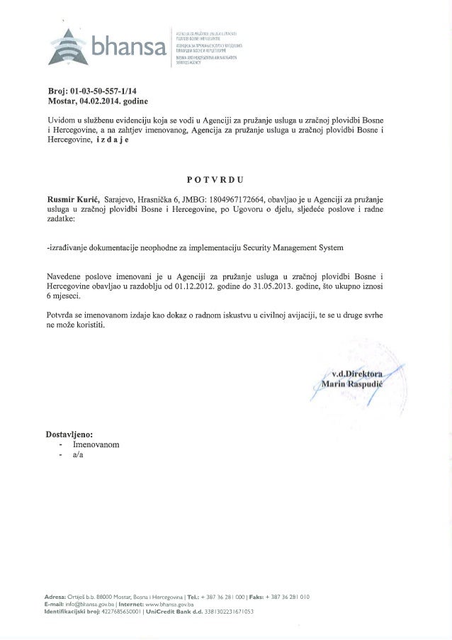 BHANSA Potvrda o angazmanu