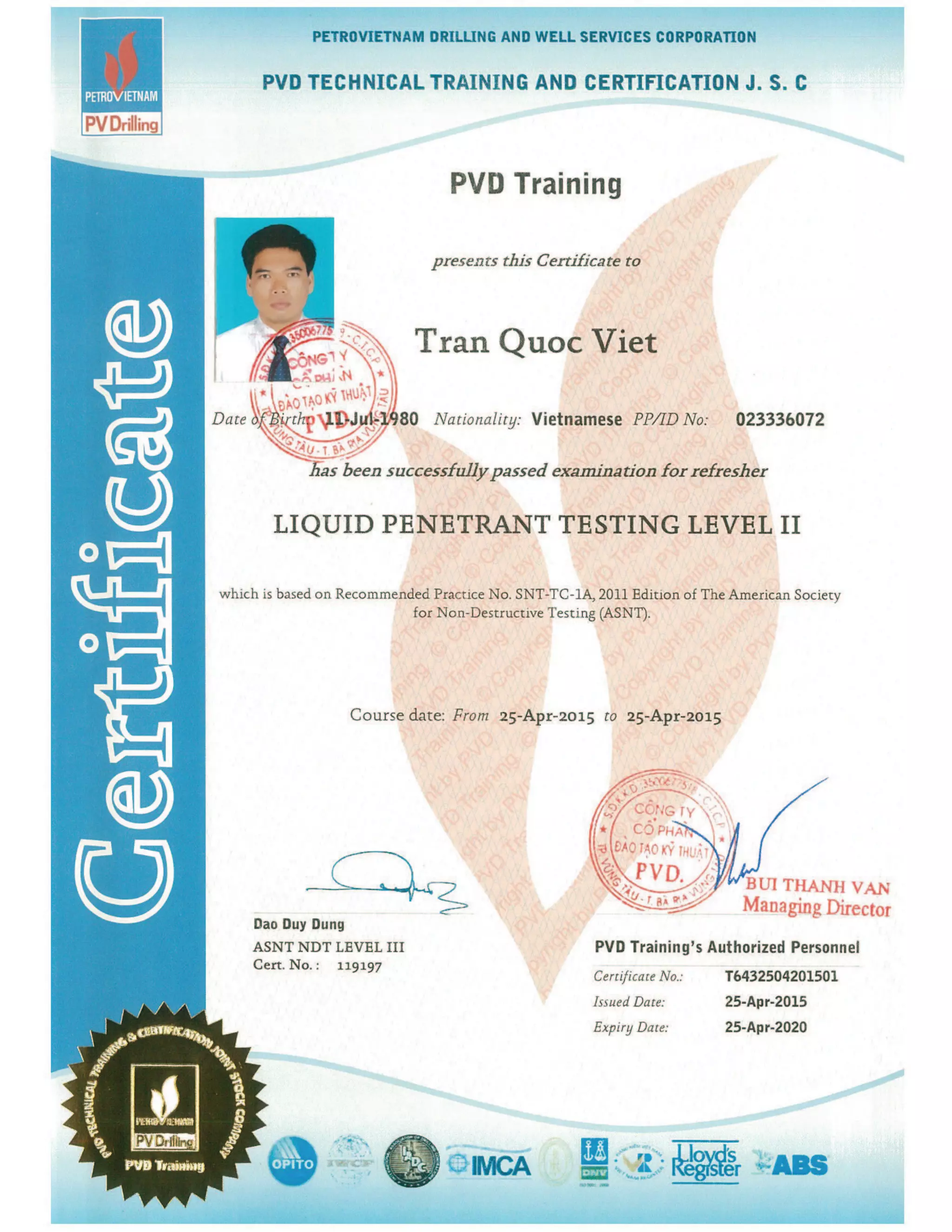 Certificate of Dye Penetrant Testing Inspector Level 2 | PDF