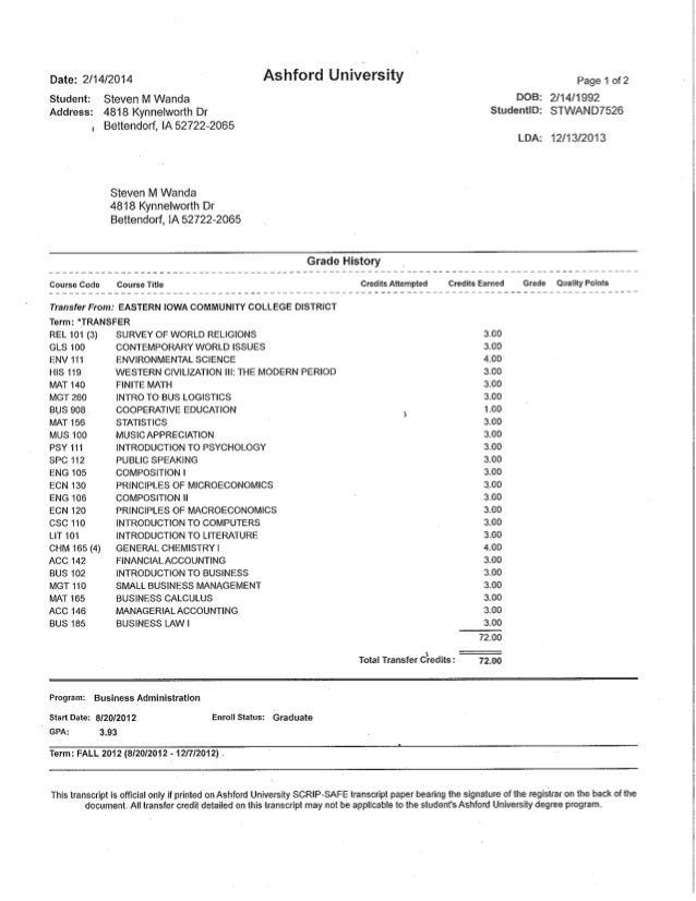 Ashford University Transcript