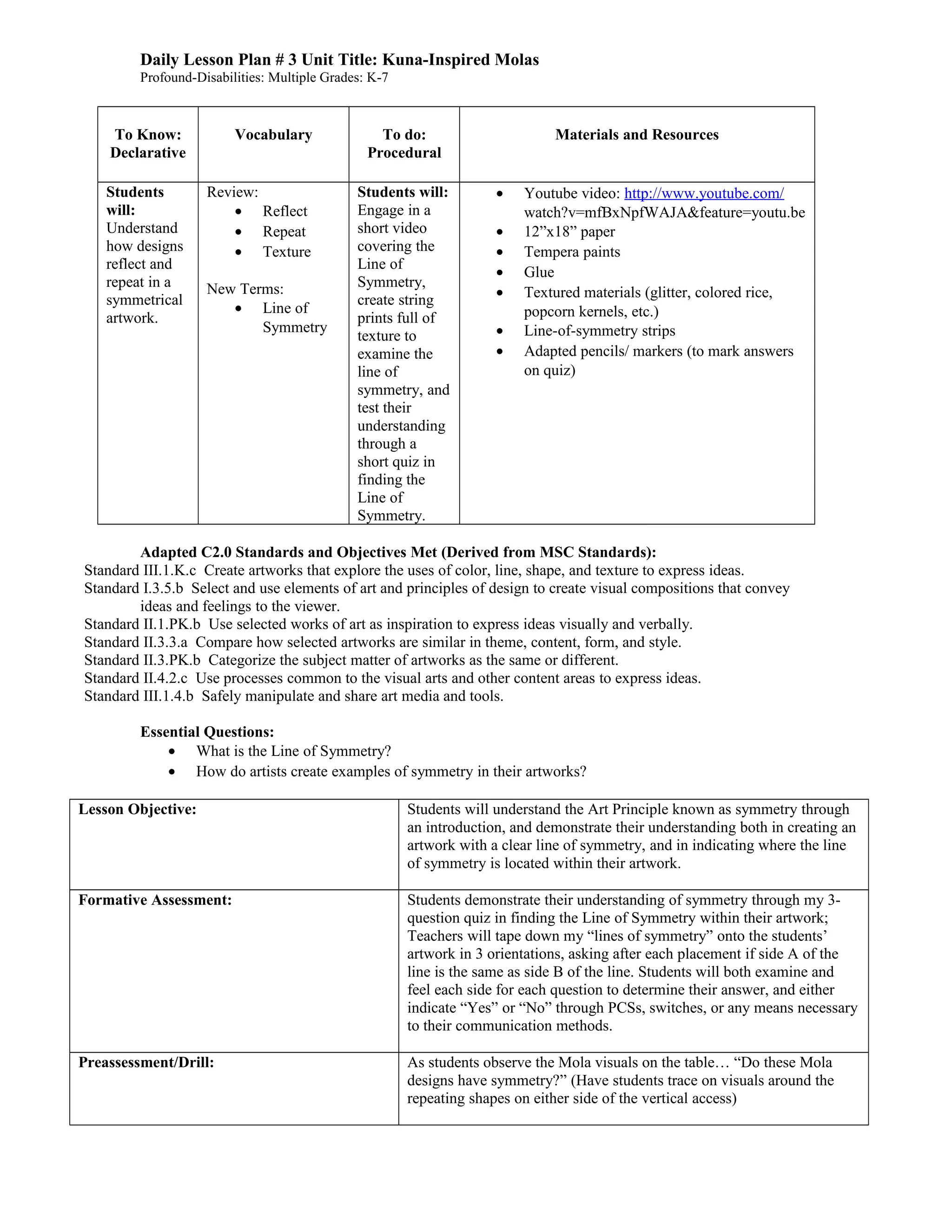 Line of Symmetry Lesson (L3) | DOC