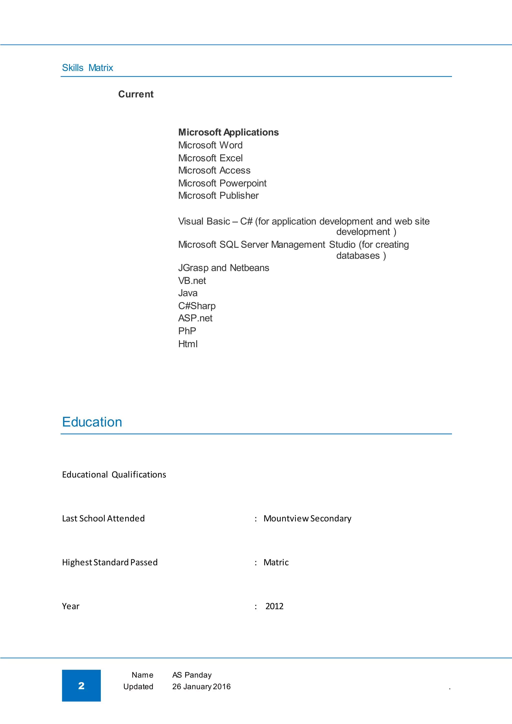 Akshanth Panday Resume 26 January 2016-1 | DOCX | Programming Languages ...