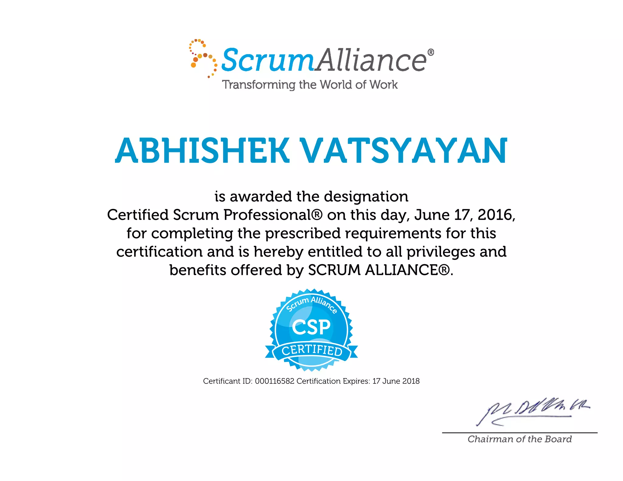 ABHISHEK VATSYAYAN-ScrumAlliance_CSP_Certificate | PDF