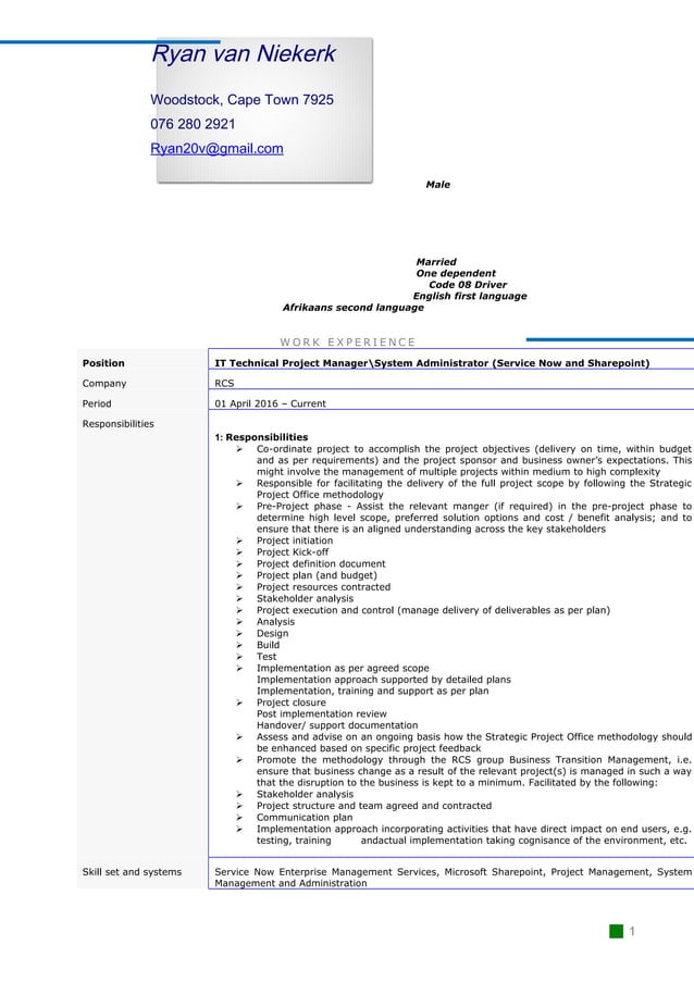 Ryan van Niekerk - CV | DOC | IT and Internet Support | Internet