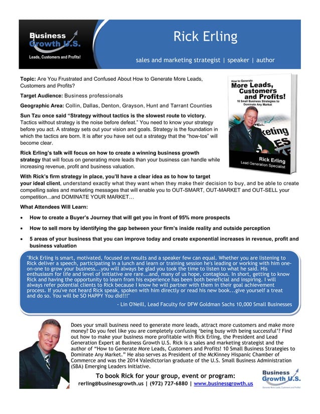 Rick's Erling's Speaker Sheet - Book Rick for your group, event or program: | PDF