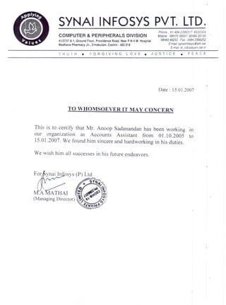 Experince Certificate- Synai Infosys (1) | PDF
