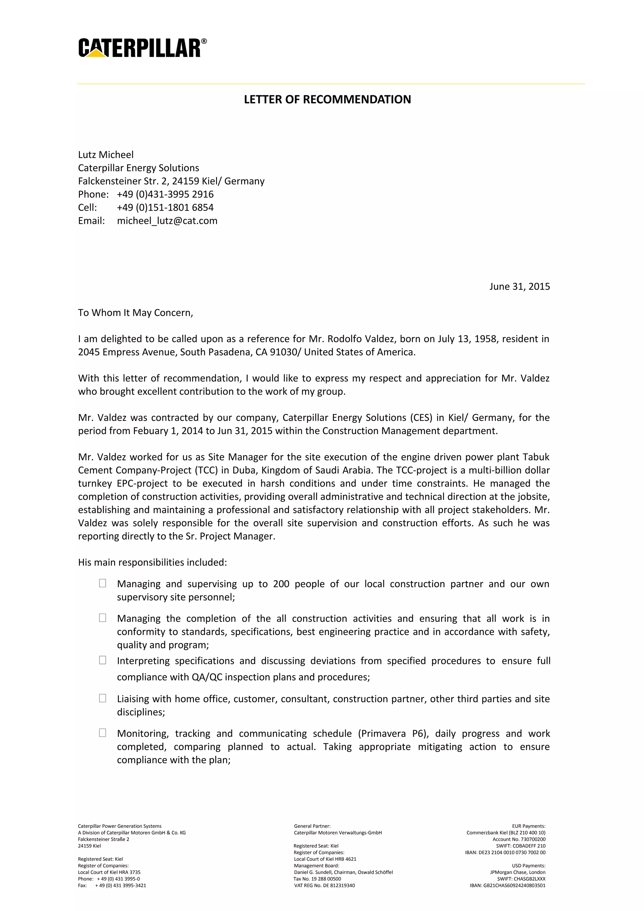 1.1 Rudy Valdez Letter of Recommendation from TGE client Caterpillar rtf | PDF