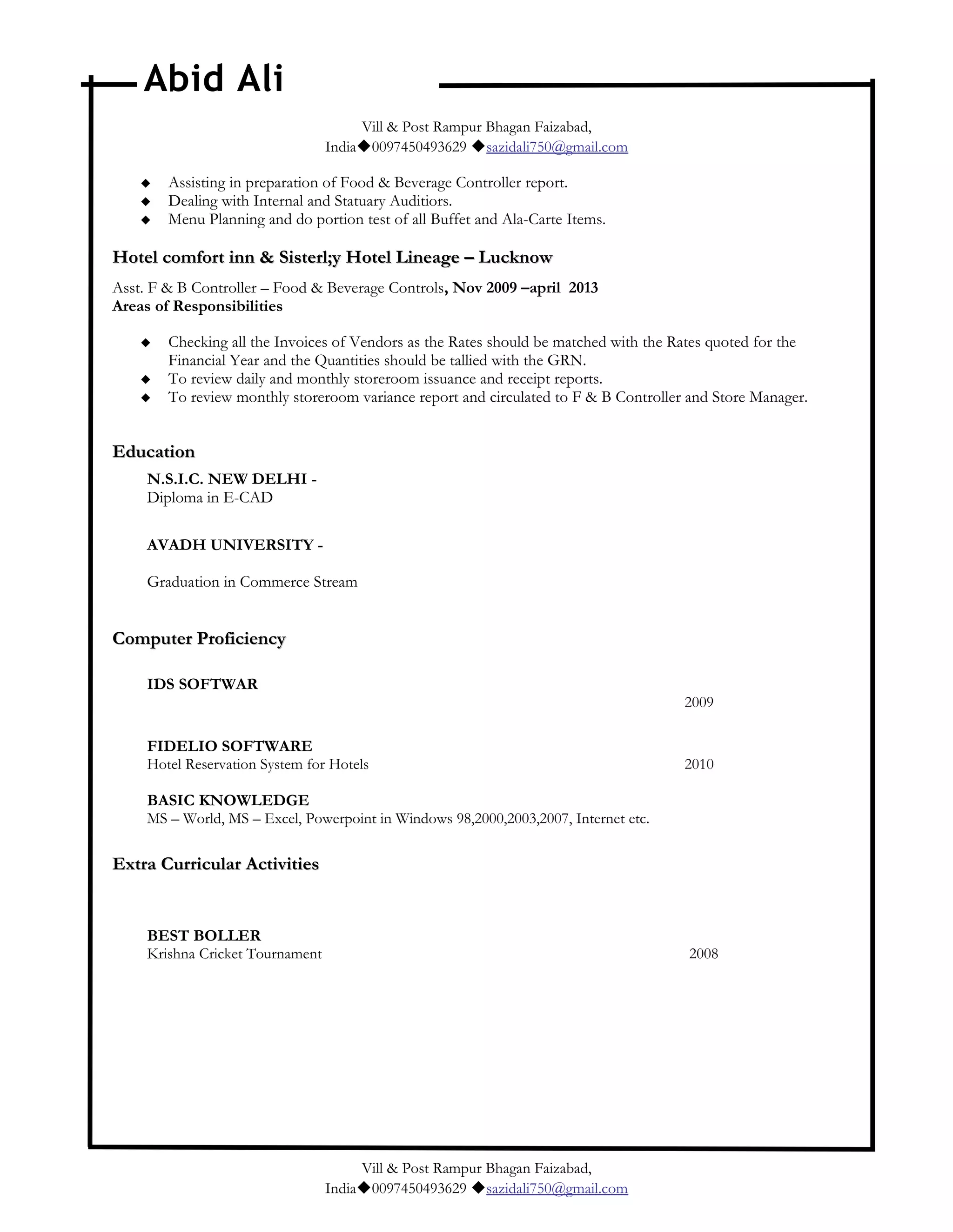 abid resume | DOC | Bars & Restaurants | Attractions