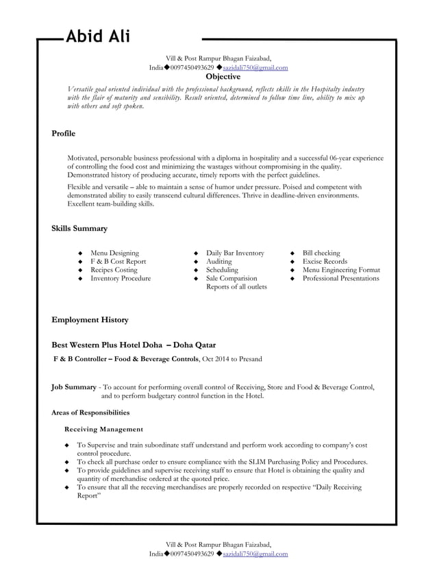 abid resume | DOC | Bars & Restaurants | Attractions