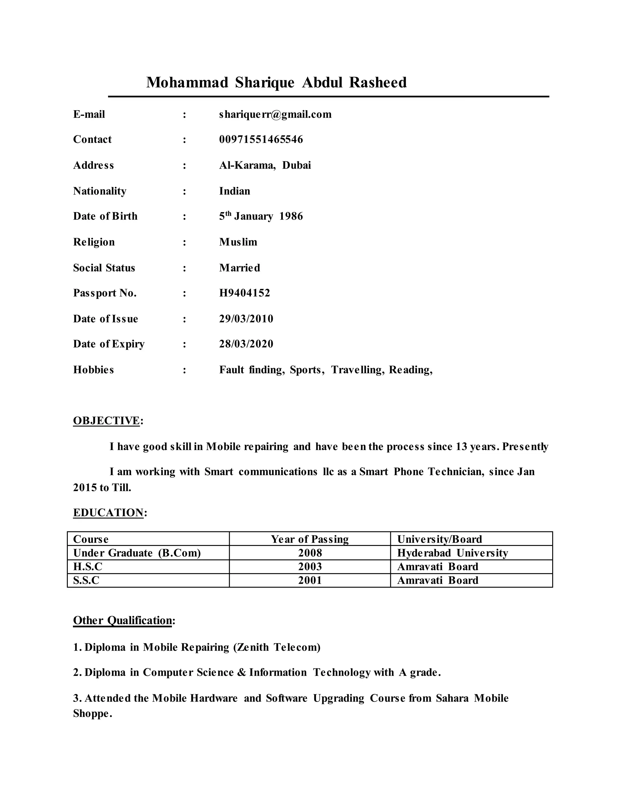 CV,M.Sharique | DOCX | Smartphones | Consumer Electronics