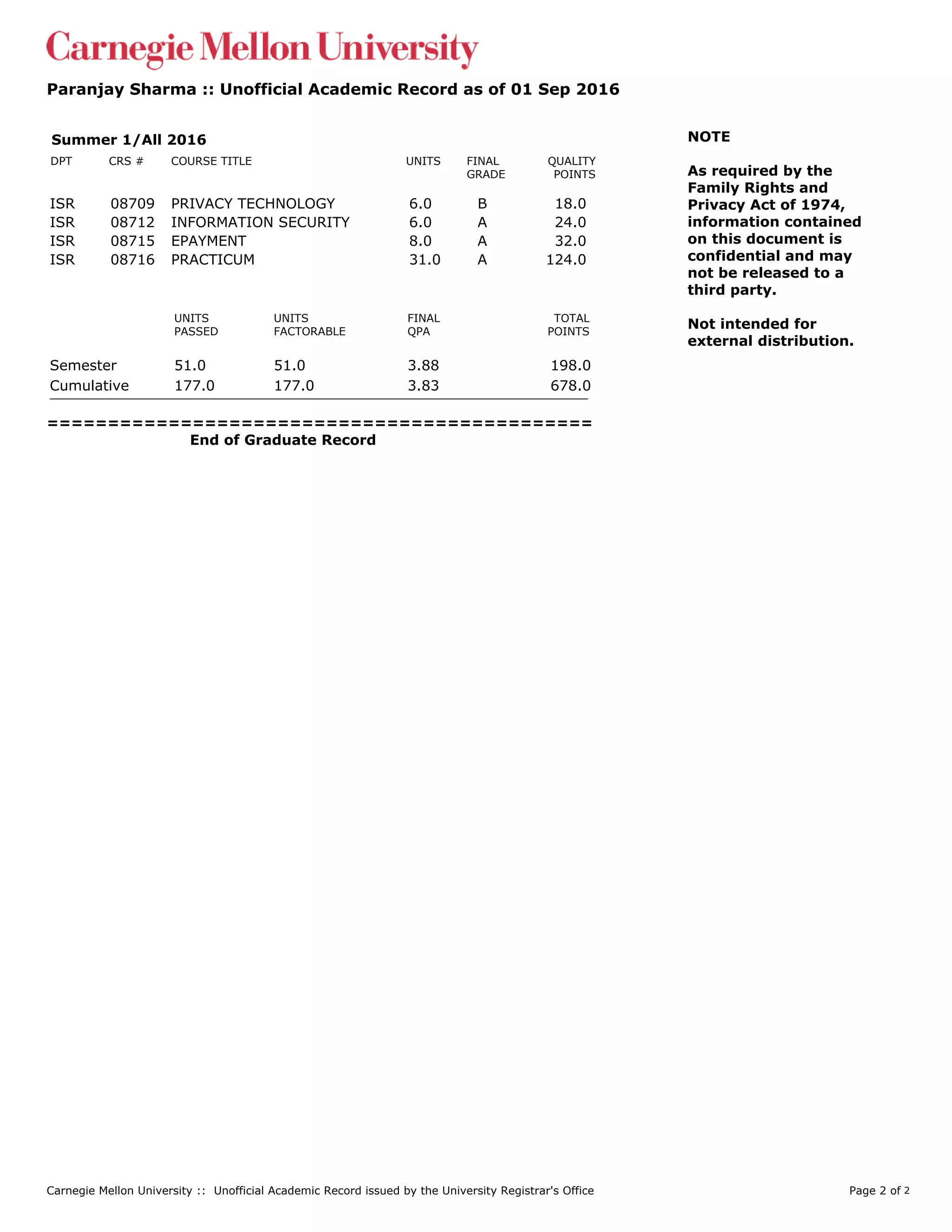 CMU_Transcript_Paranjay_Sharma | PDF | Computer Software and Applications | Computing