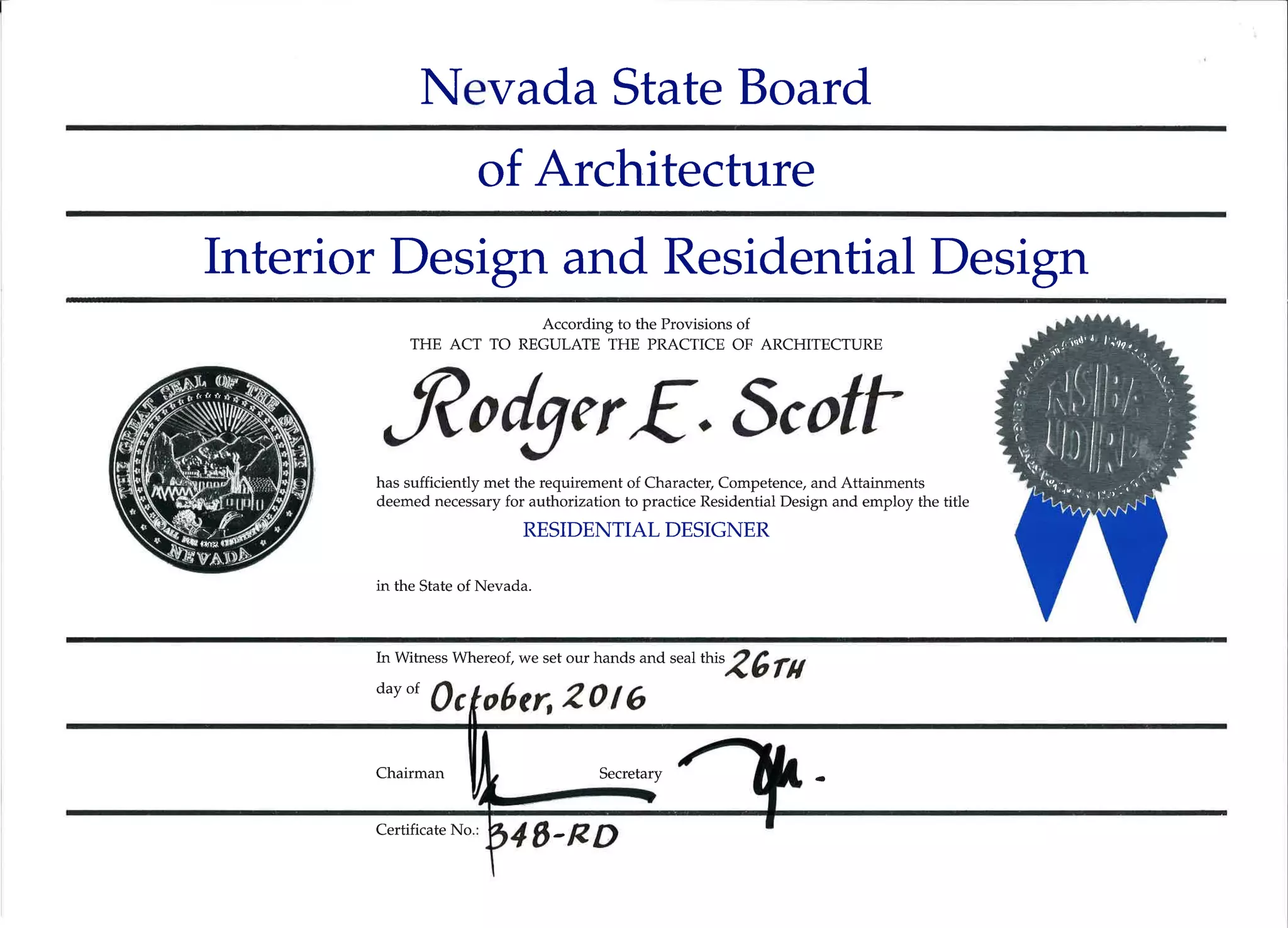 Nevada State Board of Architecture Certificate | PDF