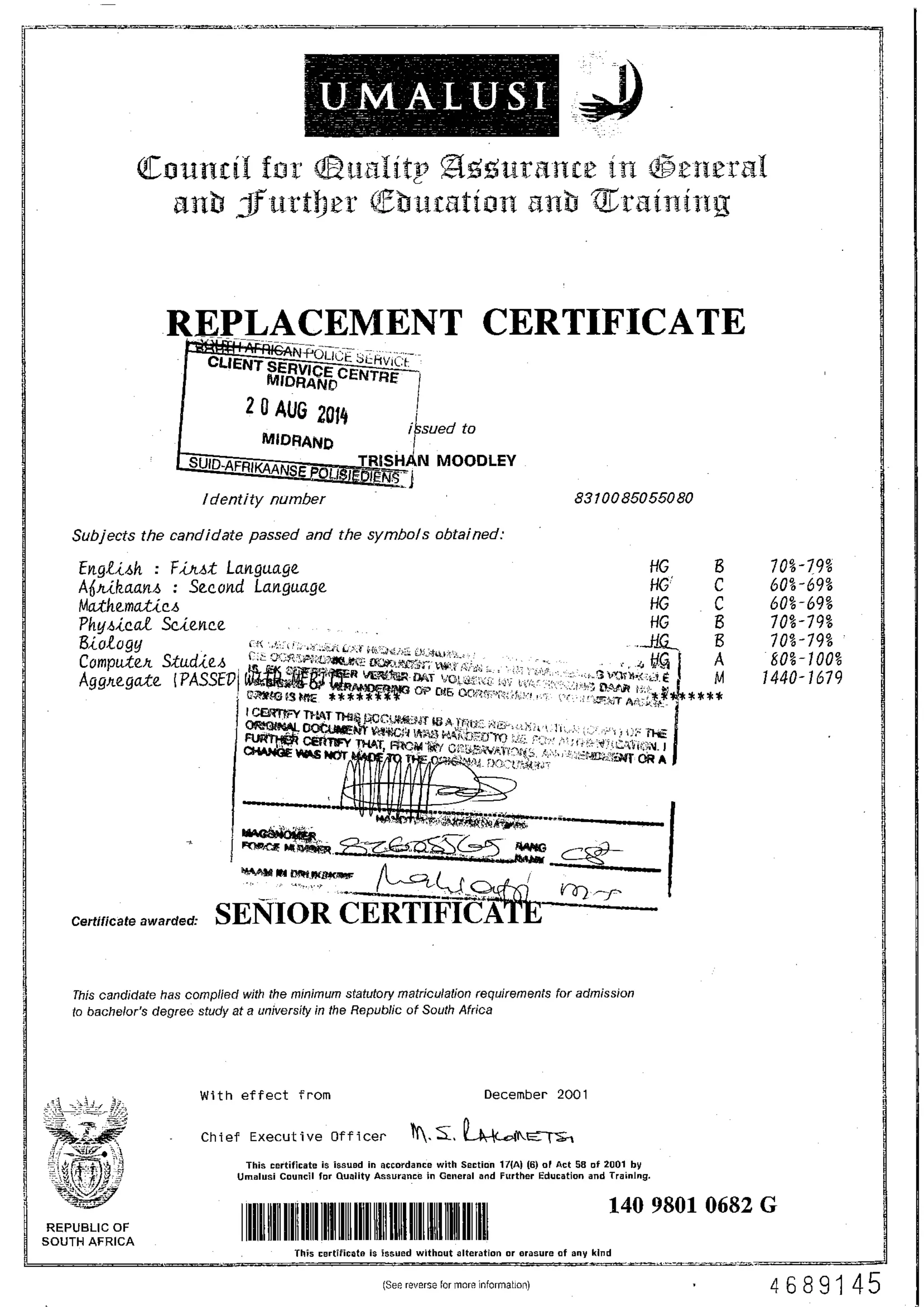certified matric certificate | PDF