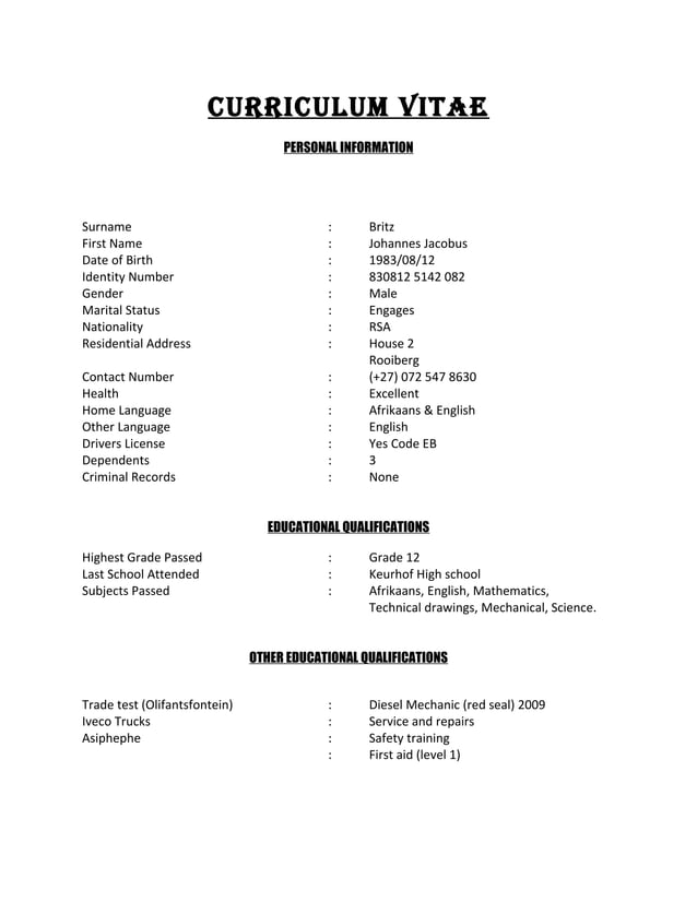 JOHAN BRITZ CV. | PDF